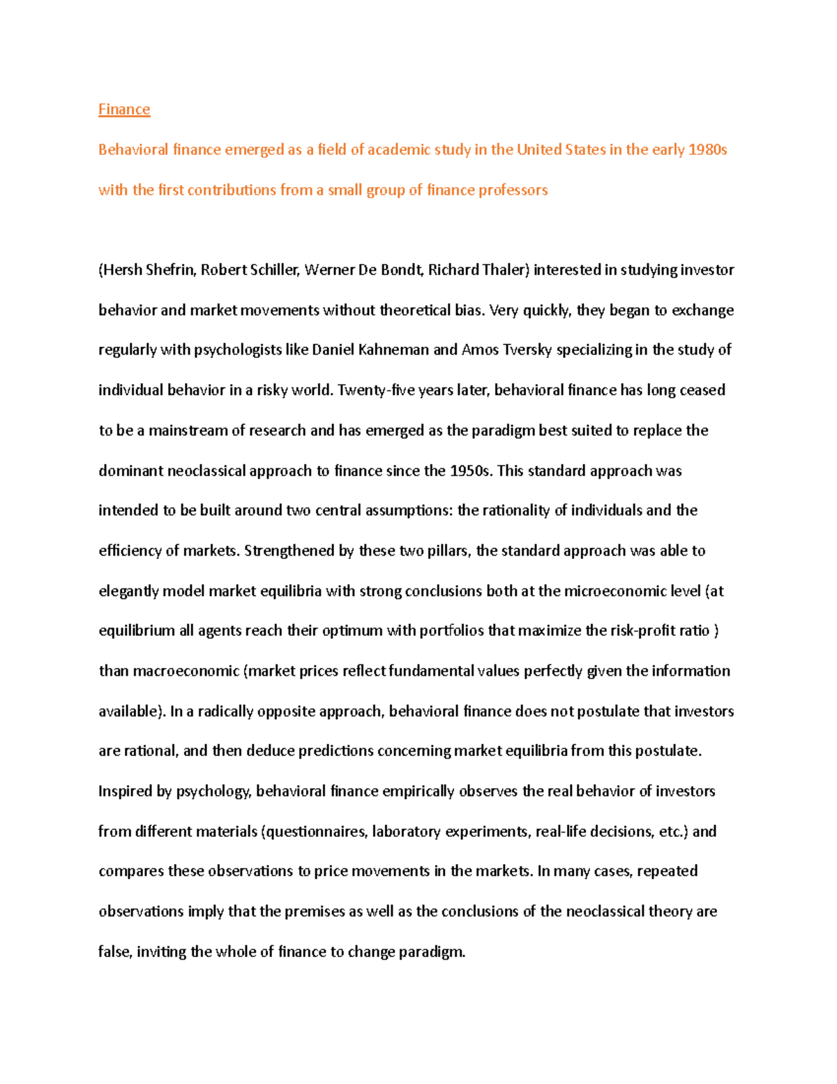 Finance Document Finance Behavioral Finance Emerged As A Field Of