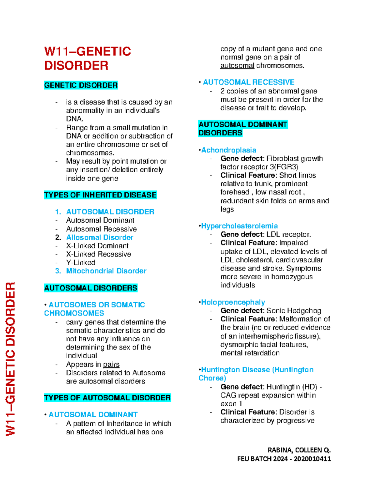 Cytogen ( Finals Reviewer) - RABINA, COLLEEN Q. W11–GENETIC DISORDER ...