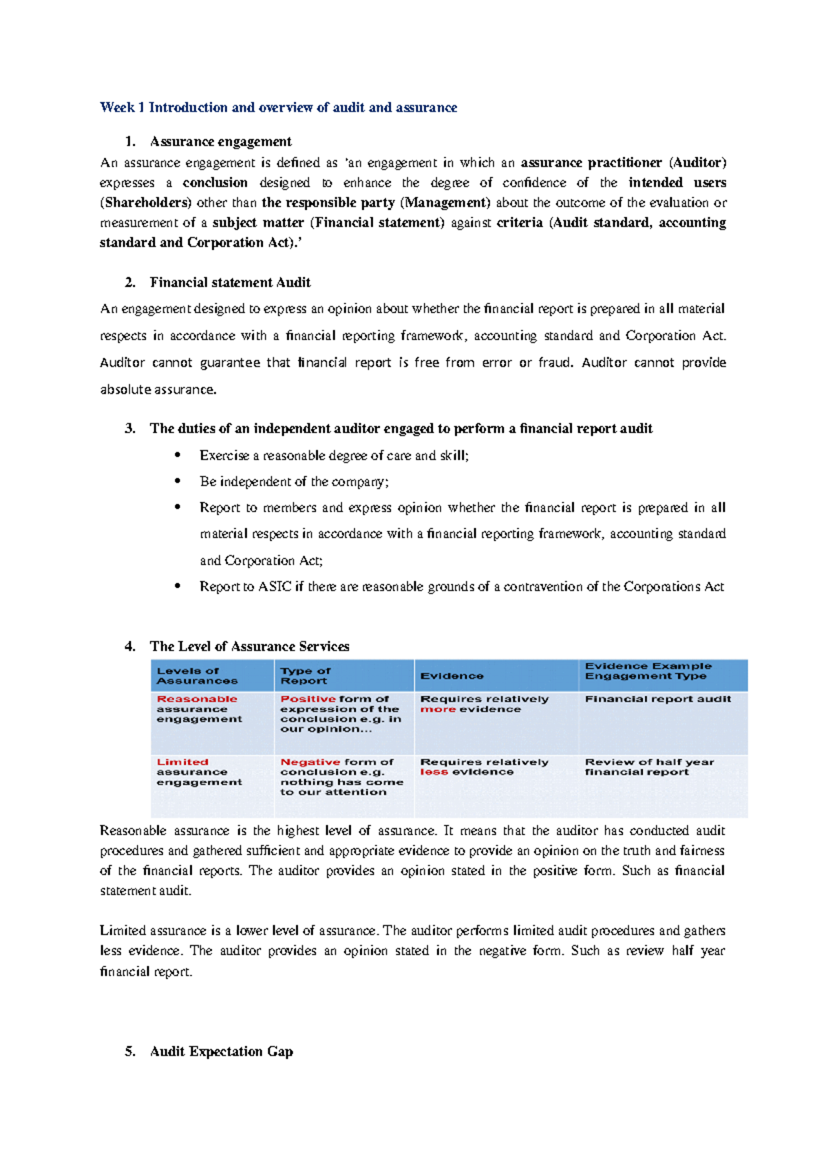 ACC3600 Week 1 and 2 lecture summary - Week 1 Introduction and overview of audit and assurance ...
