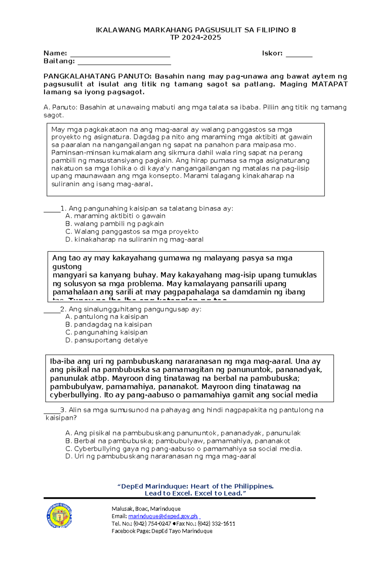 Q2 Filipino 8 PT - nannana - Malusak, Boac, Marinduque Email ...