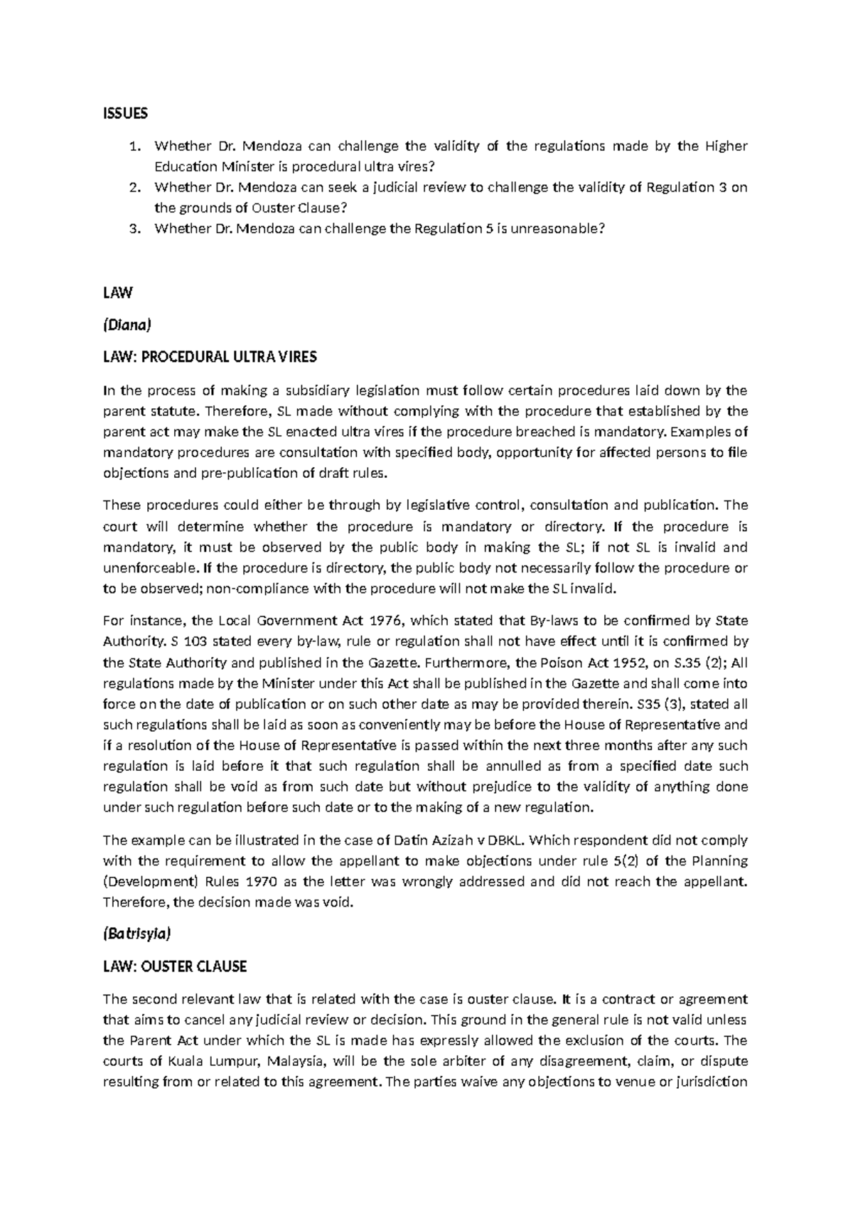 LAW Exercise 1 - part of the tutorial questions - ISSUES Whether Dr ...