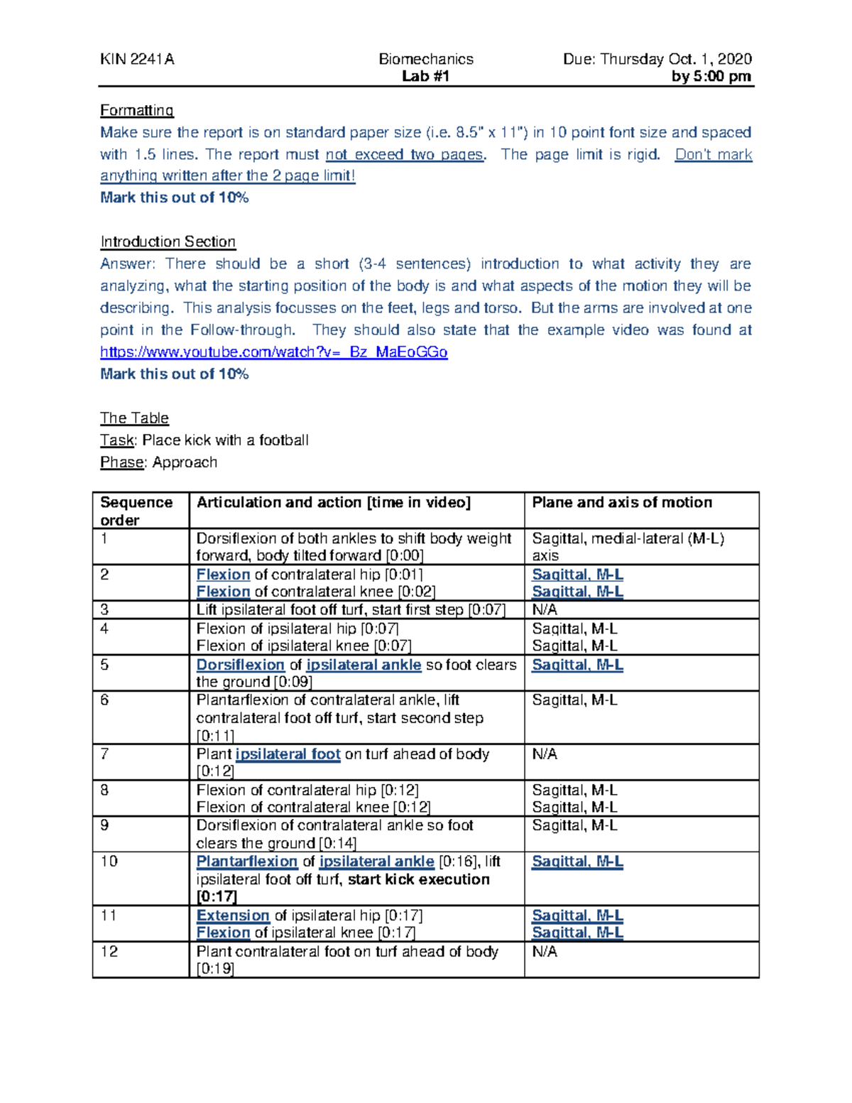 KIN 2241 b lab 1 solutions - KIN 2241A Biomechanics Due: Thursday Oct ...