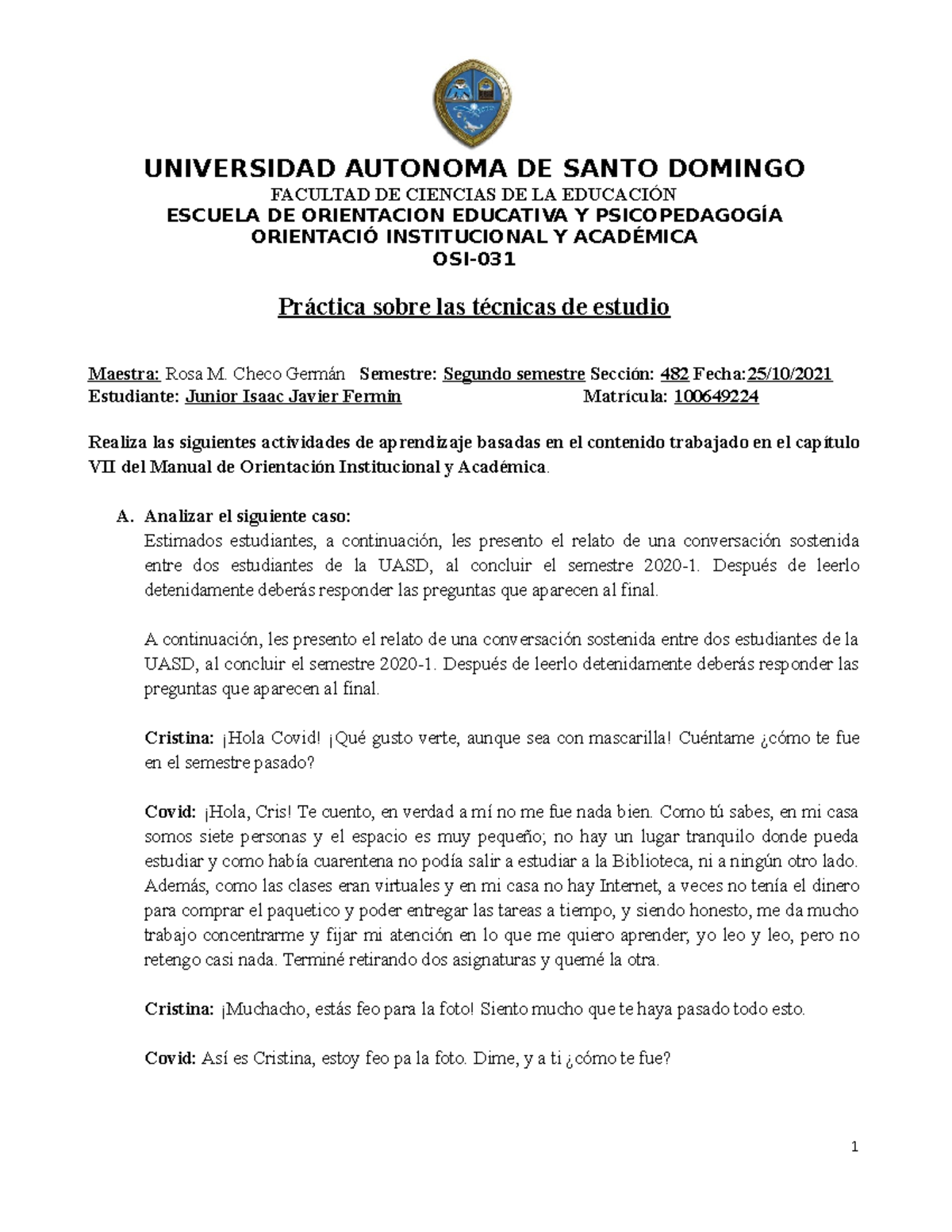 Práctica Técnicas de estudio - Junior Isaac Javier Fermin - UNIVERSIDAD ...