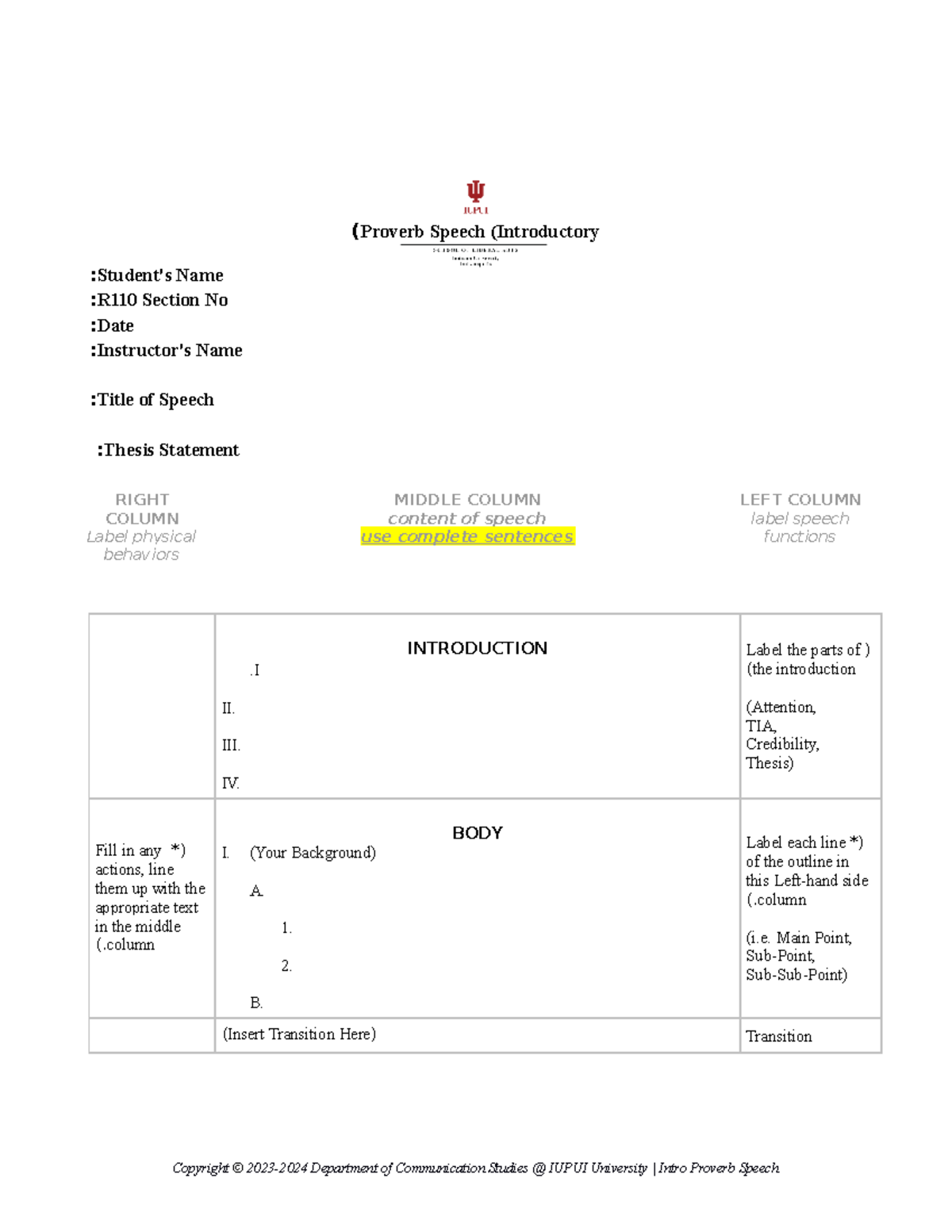 Proverb Speech - I II. III. IV. Label each line *) of the outline in ...