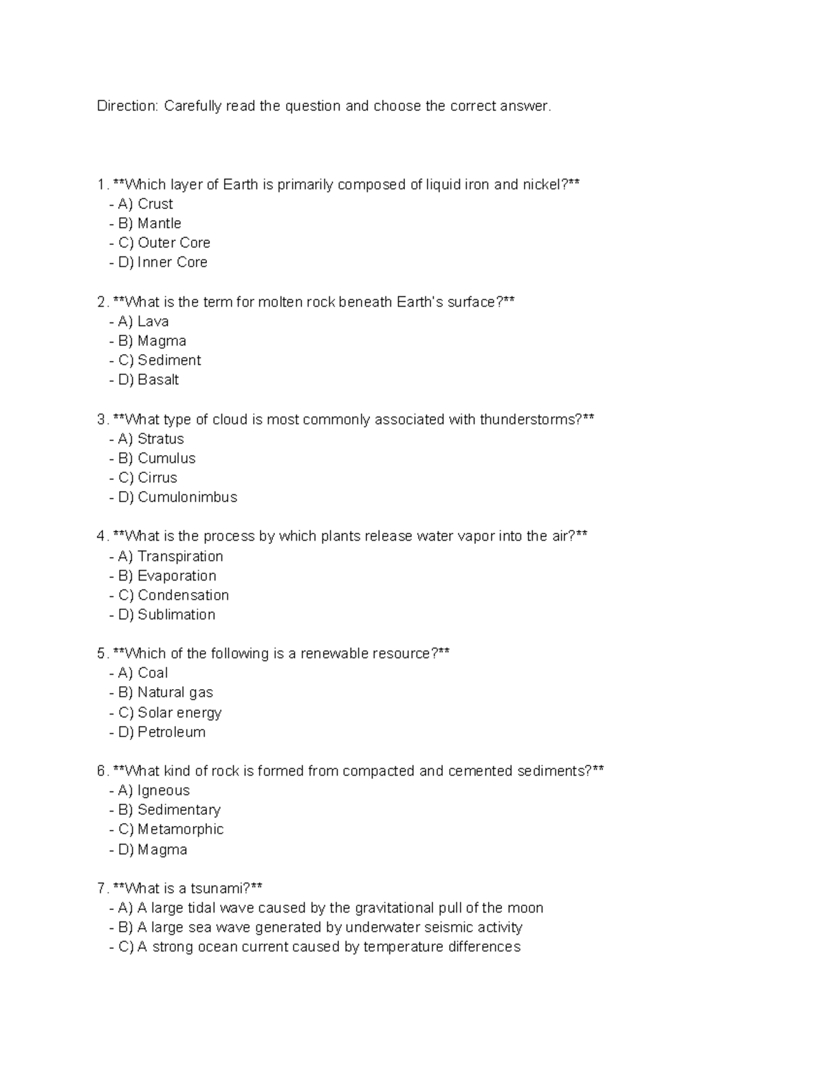 SE2 - These 10 Earth science multiple-choice questions are designed to ...