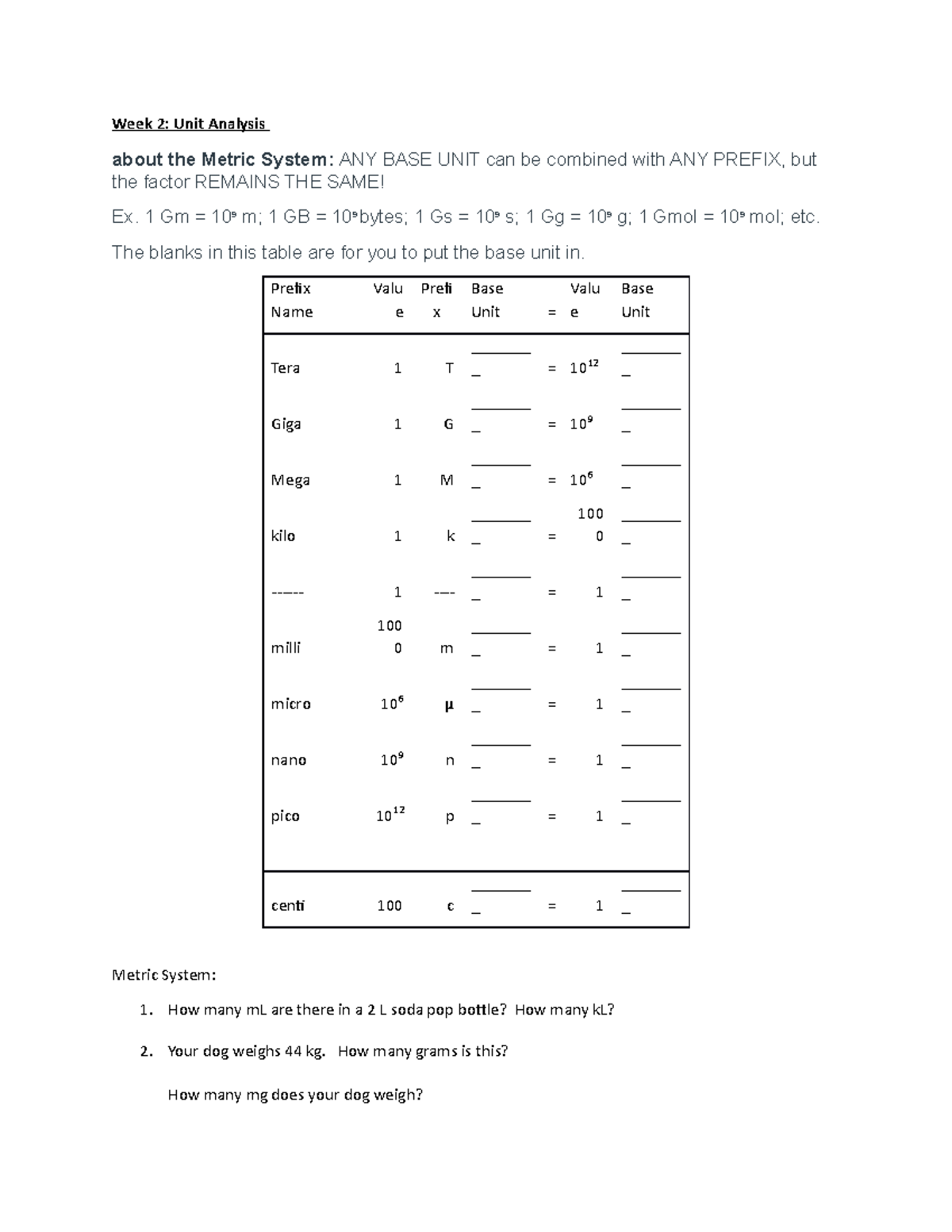 Week 02 Unit Analysis - Week 2: Unit Analysis about the Metric System ...