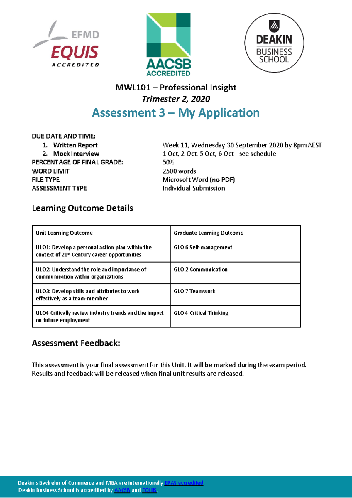 MWL101 T2 2020 Assignment 3 Brief - MWL101 – Professional Insight ...