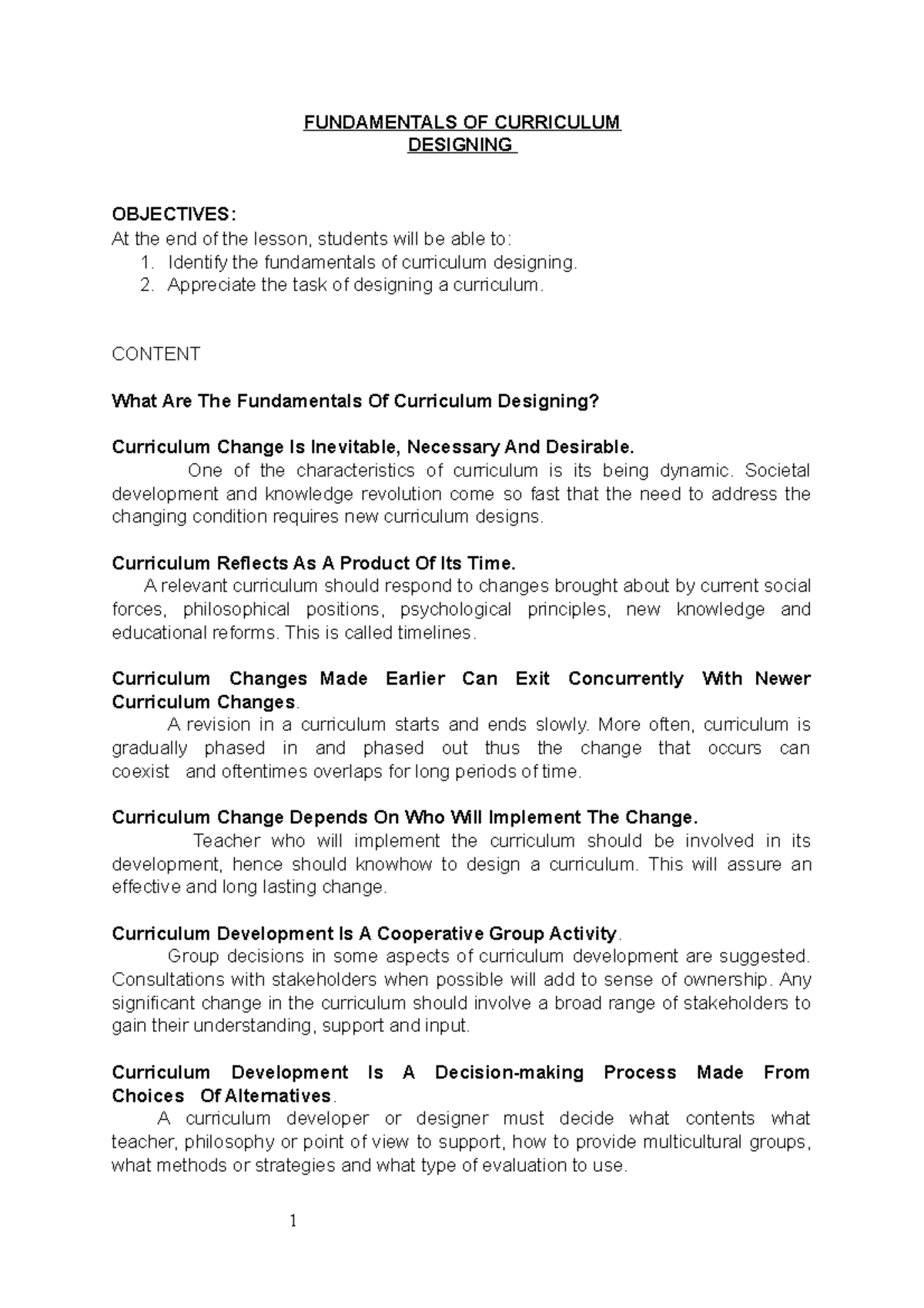 2 - Lecture notes - FUNDAMENTALS OF CURRICULUM DESIGNING OBJECTIVES: At ...