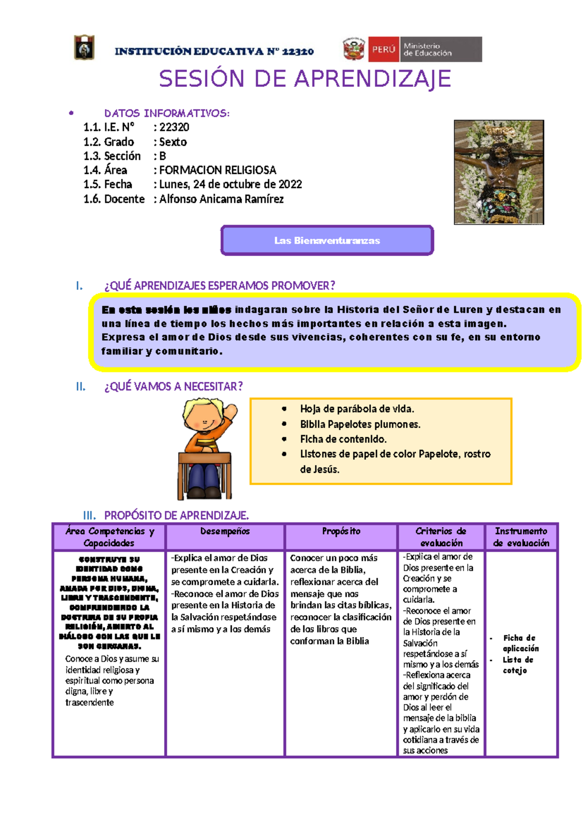 Sesion 24-10-2022 - Sesión de aprendizaje - SESIÓN DE APRENDIZAJE DATOS INFORMATIVOS: 1. I. Nº ...