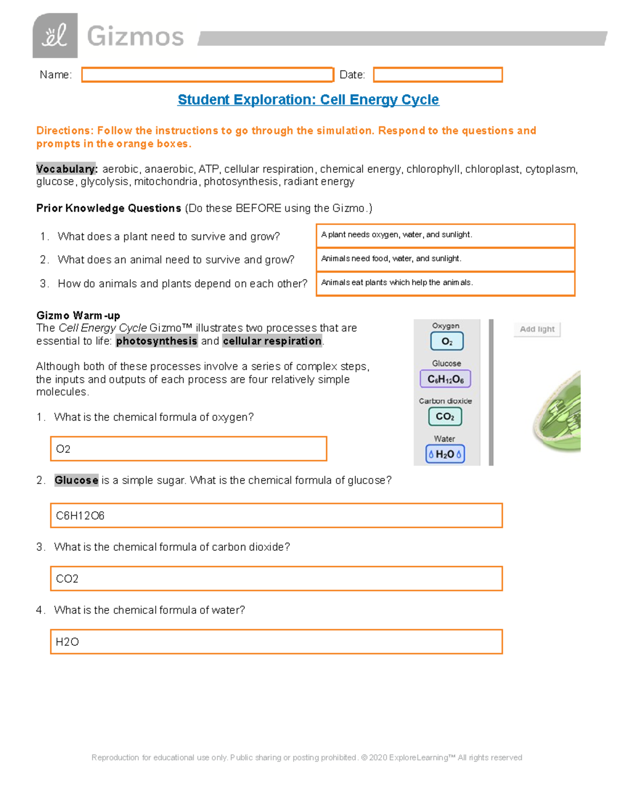 Explore Learning Gizmo - Cell Energy Activity A - Name: Date: Student ...