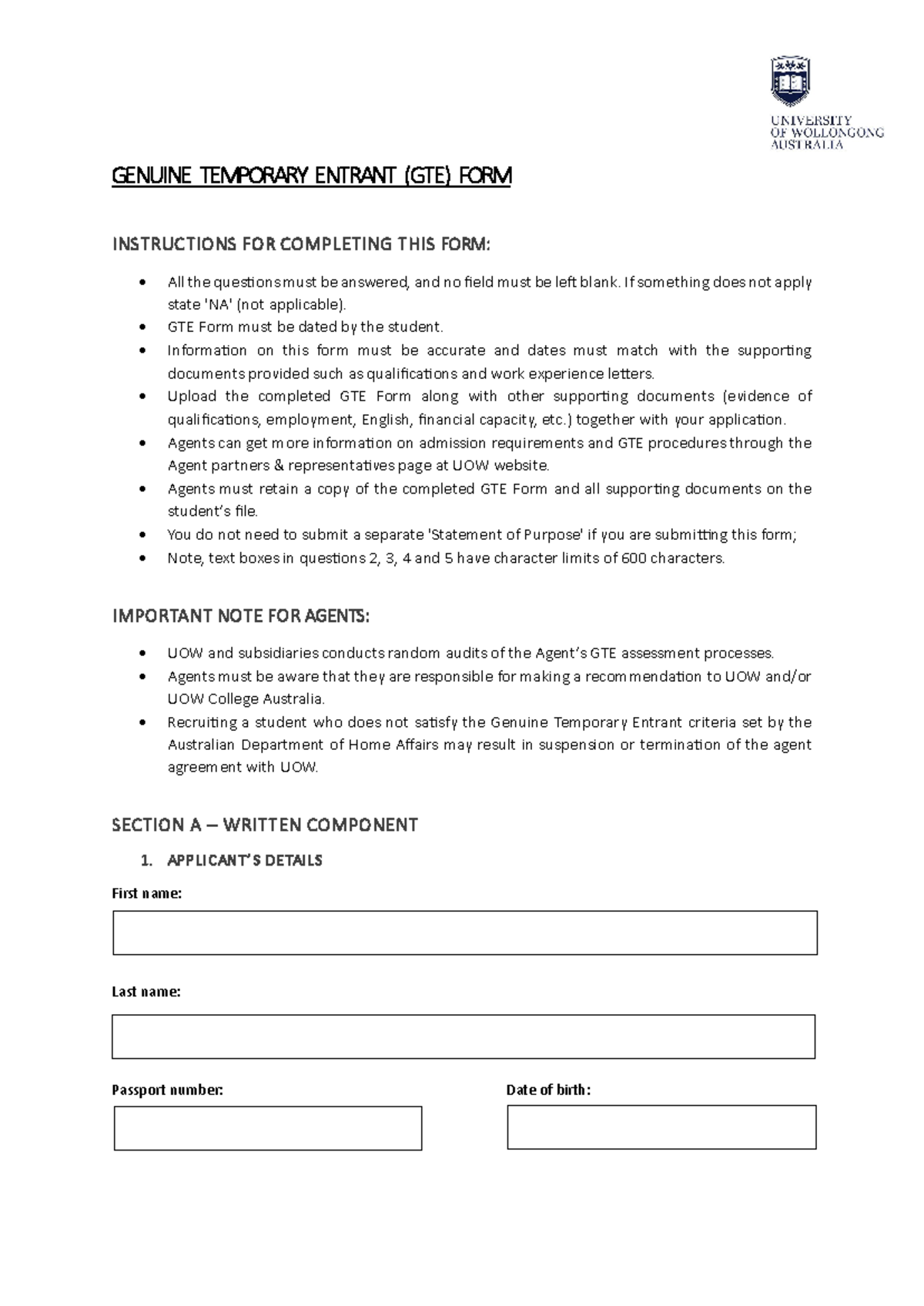 UOW GTE form-new - ggh - GENUINE TEMPORARY ENTRANT (GTE) FORM ...