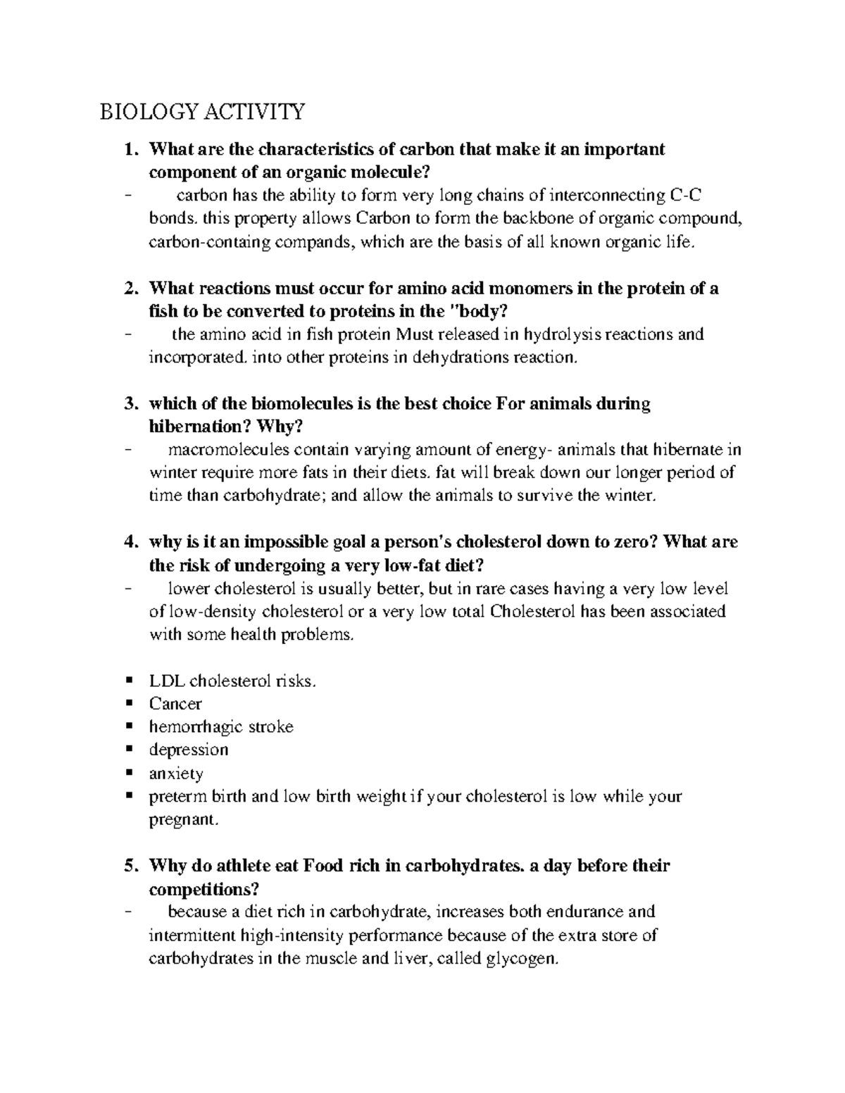 Biology Activity - wd; mfvj wa - BIOLOGY ACTIVITY What are the ...
