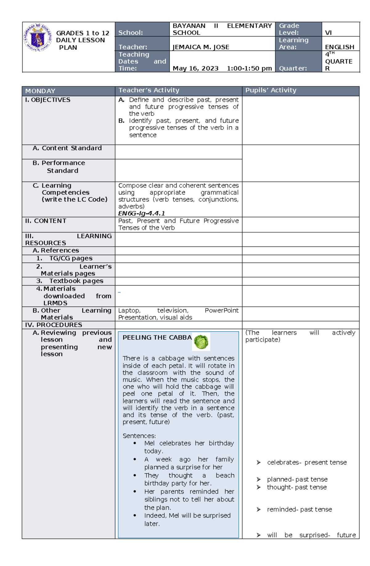 Lp demo- Jemaica-JOSE - GRADES 1 to 12 DAILY LESSON PLAN School ...