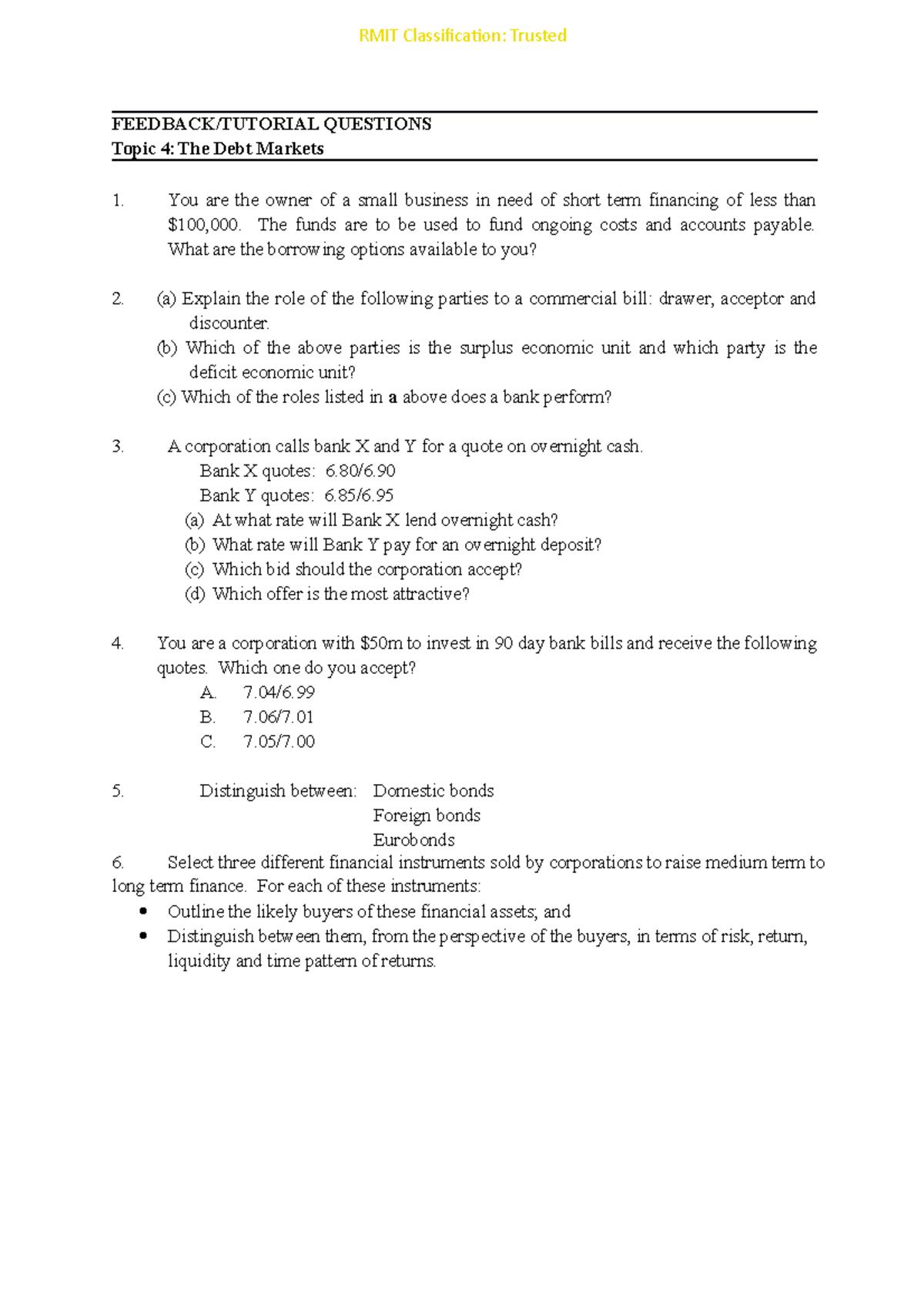 Tutorial question Topic 4 - BAFI1001 - RMIT University - Studocu