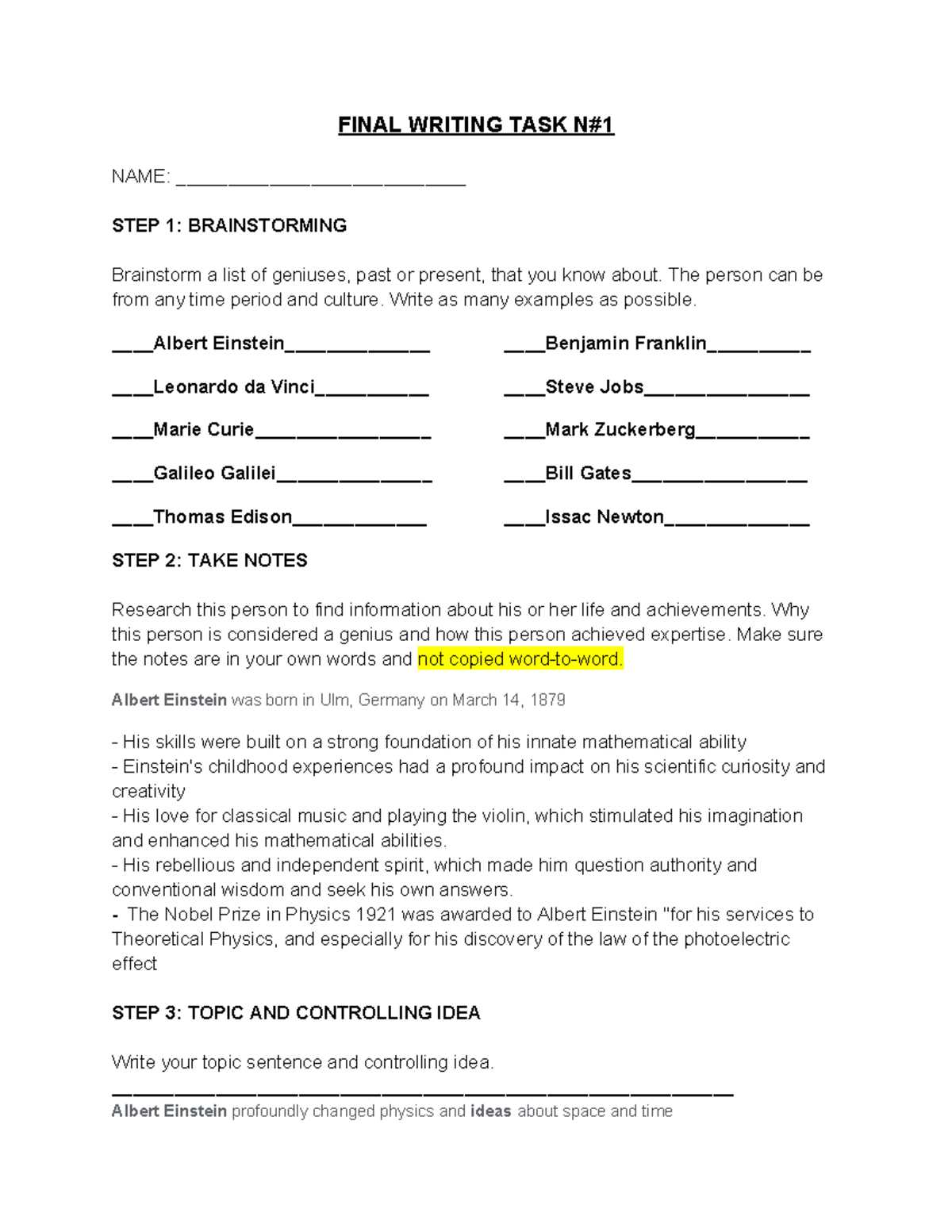 A - First Writing process - FINAL WRITING TASK N# NAME ...