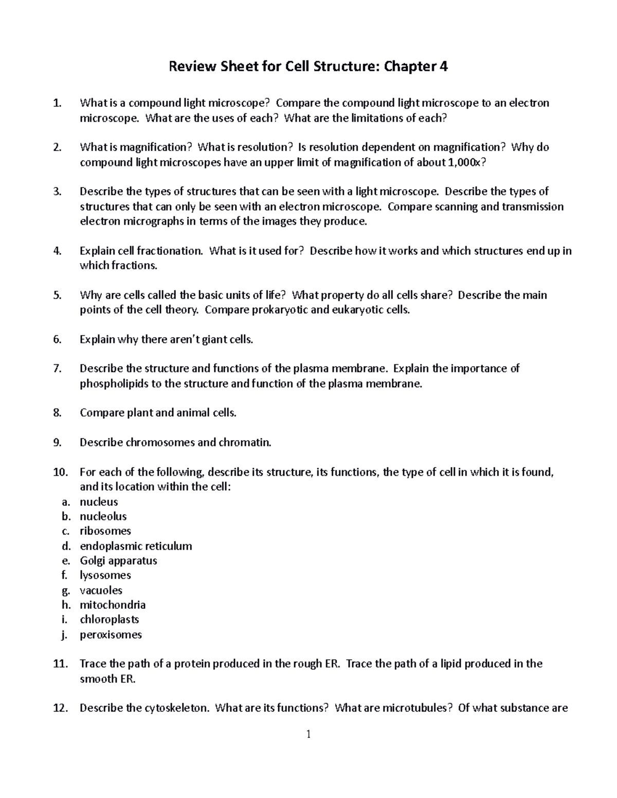 Bio152 Review Sheets Chapter 4 - Review Sheet for Cell Structure ...