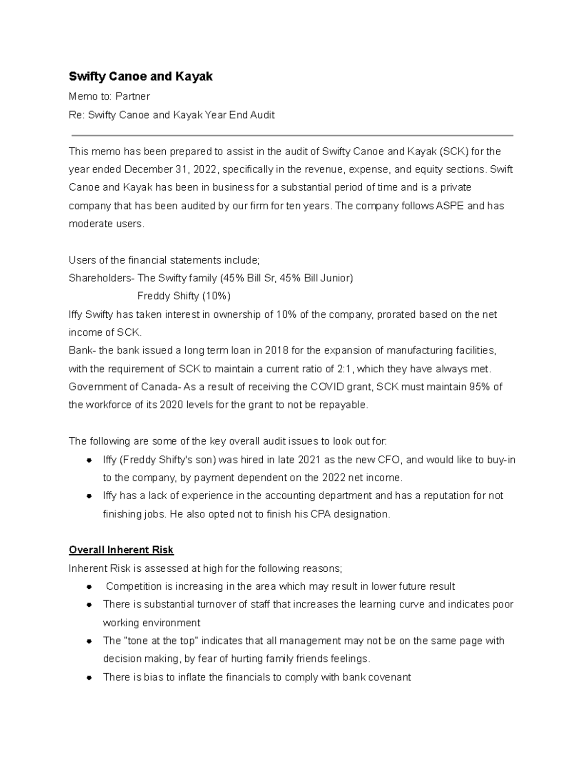 Student Sample Respons Swifty Canoe - Swifty Canoe and Kayak Memo to ...