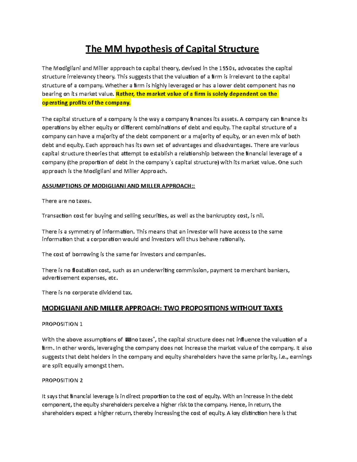 MM Theory notes WORD DOC - The MM hypothesis of Capital Structure The ...