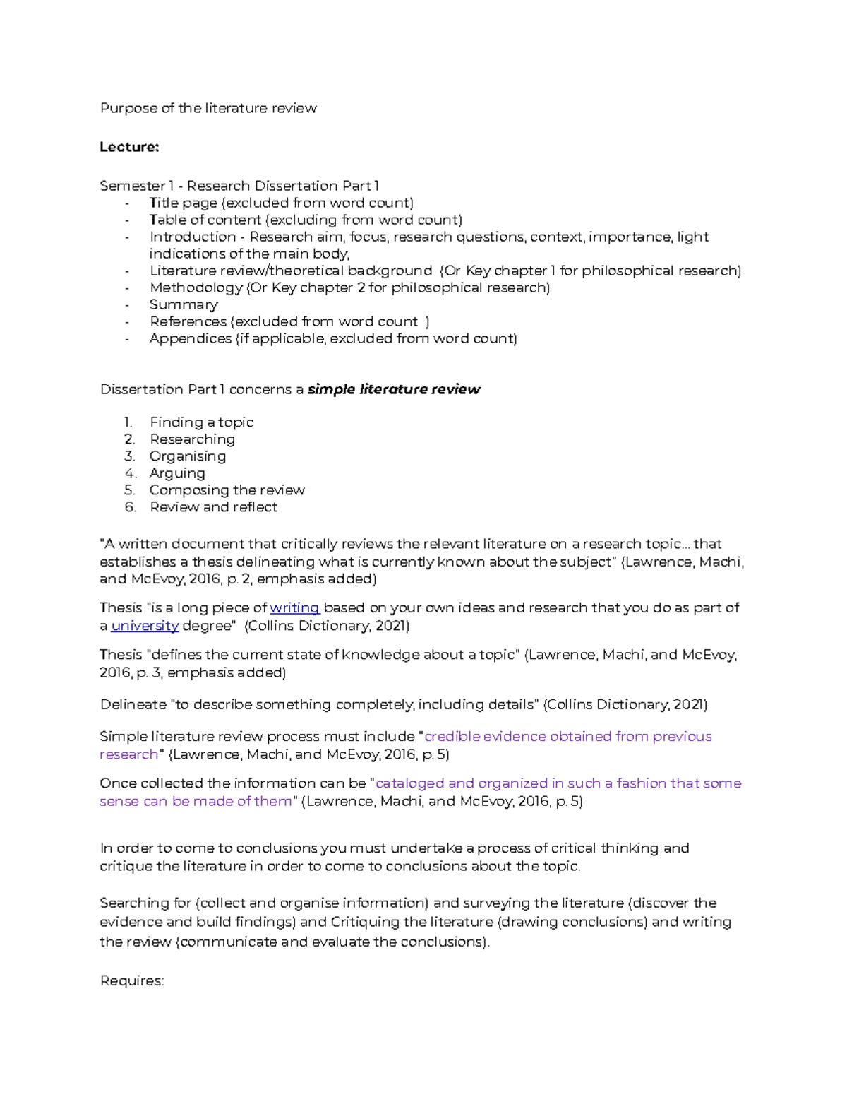 Week 5 - Lecture and Seminar notes - Purpose of the literature review ...