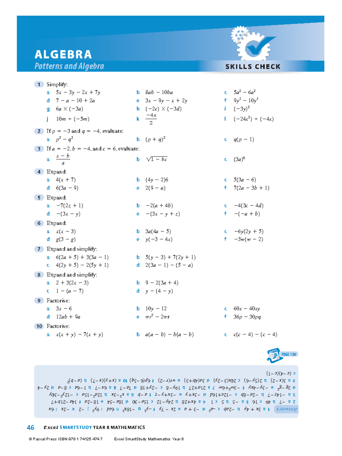 1 Algebra Revision - math - S K I L L S C H E C K 46 Excel SMARTSTUDY ...