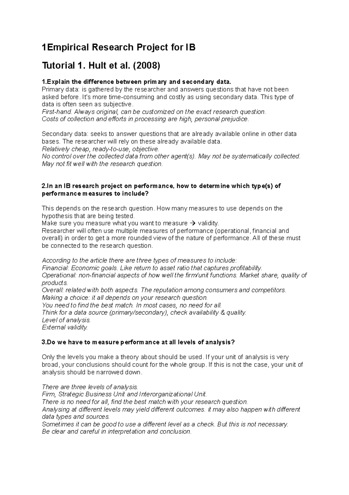 ERP questions tutorials - 1Empirical Research Project for IB Tutorial 1. Hult et al. (2008) 1 ...