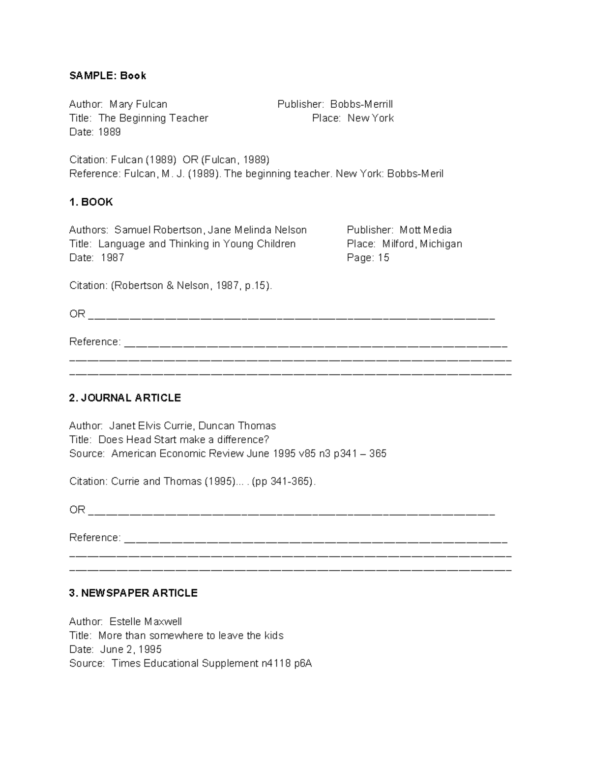 APA Citation & Referencing Worksheet - SAMPLE: Book Author: Mary Fulcan ...