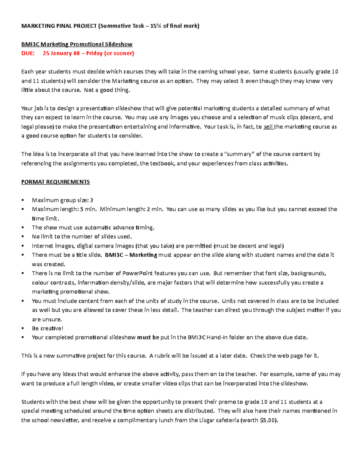 BMI3C - Promo Slideshow - MARKETING FINAL PROJECT (Summative Task – 15% ...