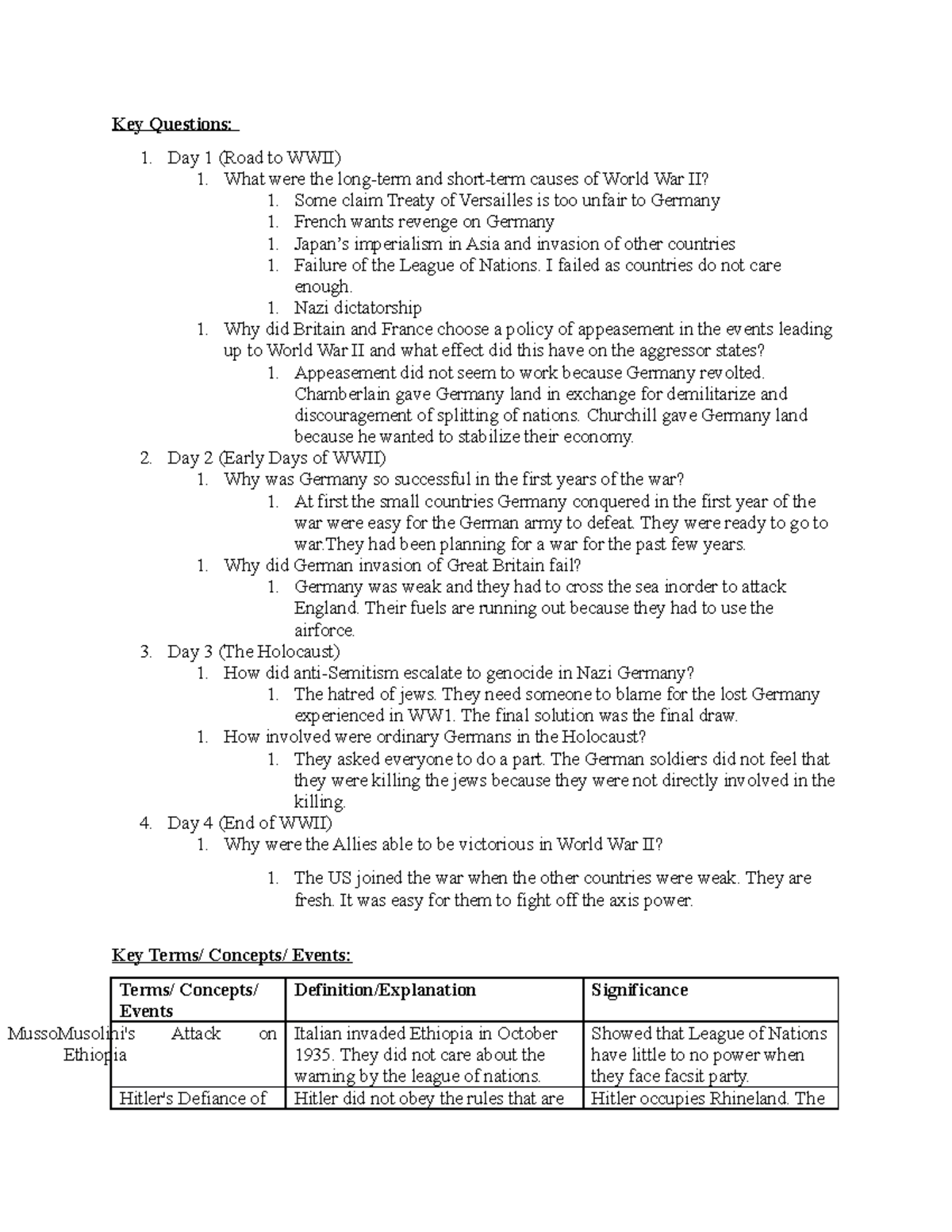 Unit 6 - Terms - Key Questions: Day 1 (Road to WWII) What were the long ...