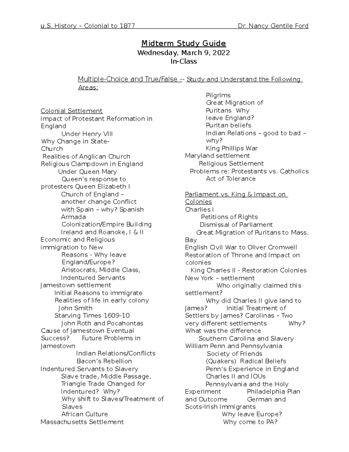 Mid-Term Study Guide - Dr. Ford - U. History – Colonial to 1877 Dr ...