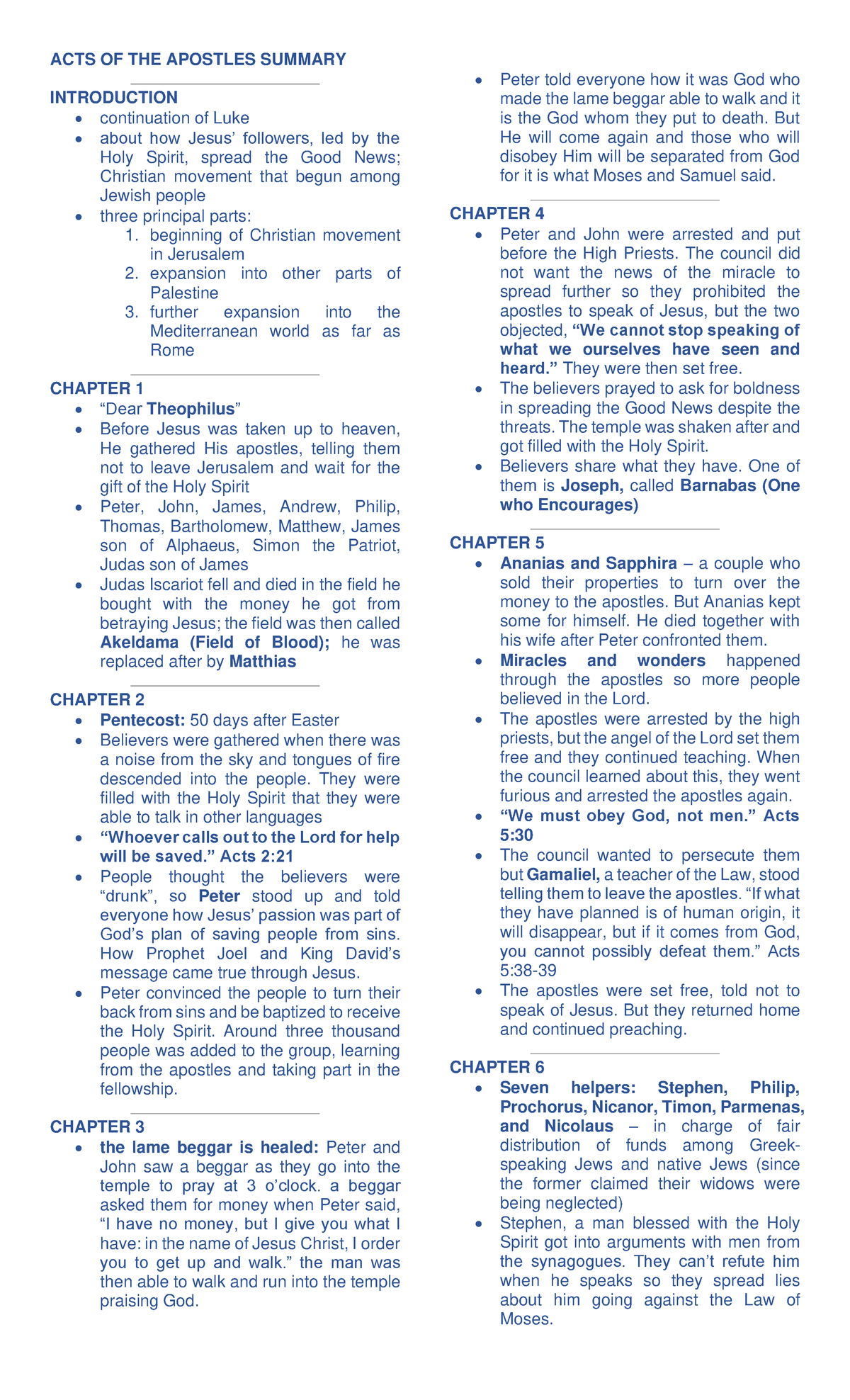 REED Acts of the Apostles Summary - INTRODUCTION continuation of Luke ...