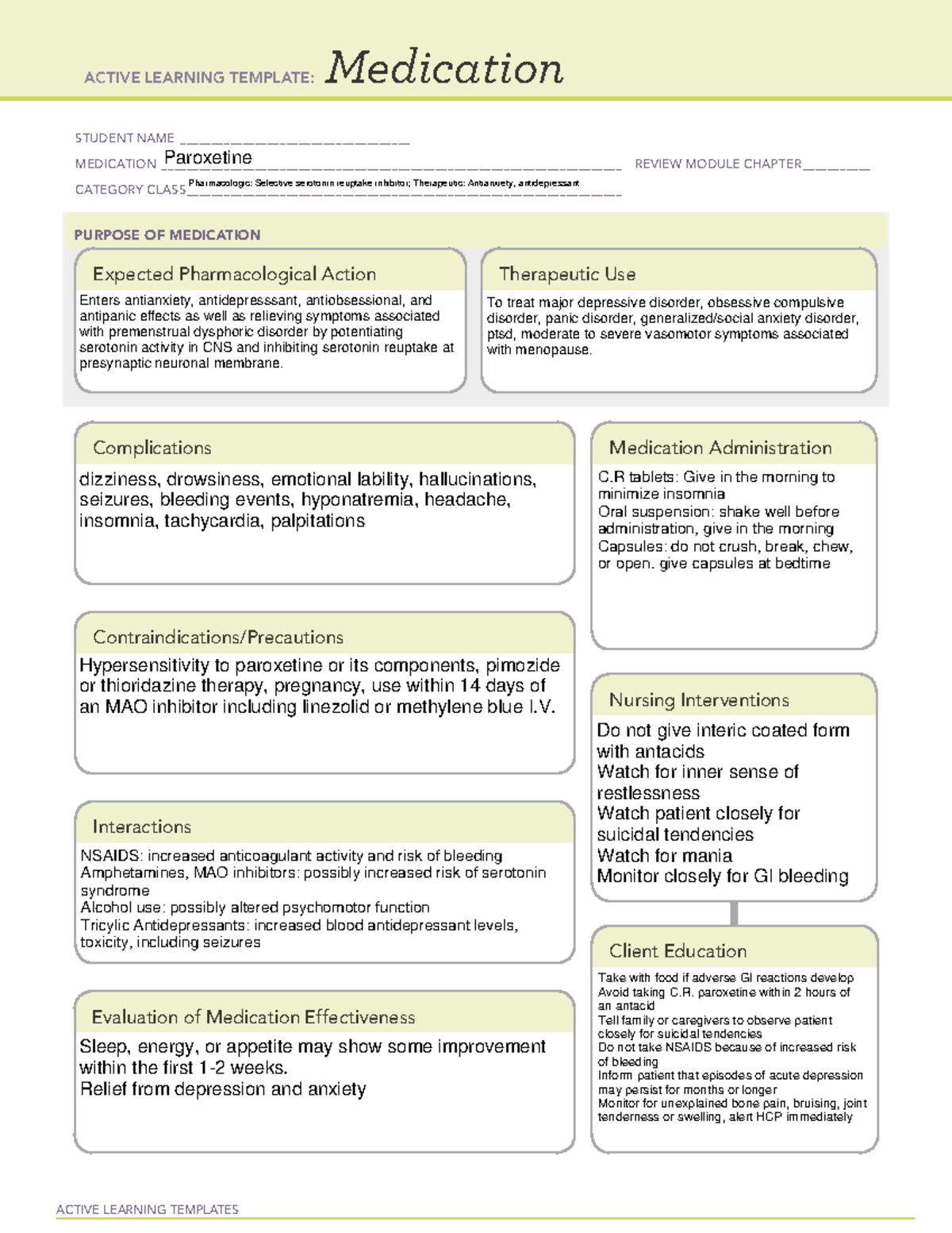 Paroxetine - ACTIVE LEARNING TEMPLATES Medication STUDENT NAME