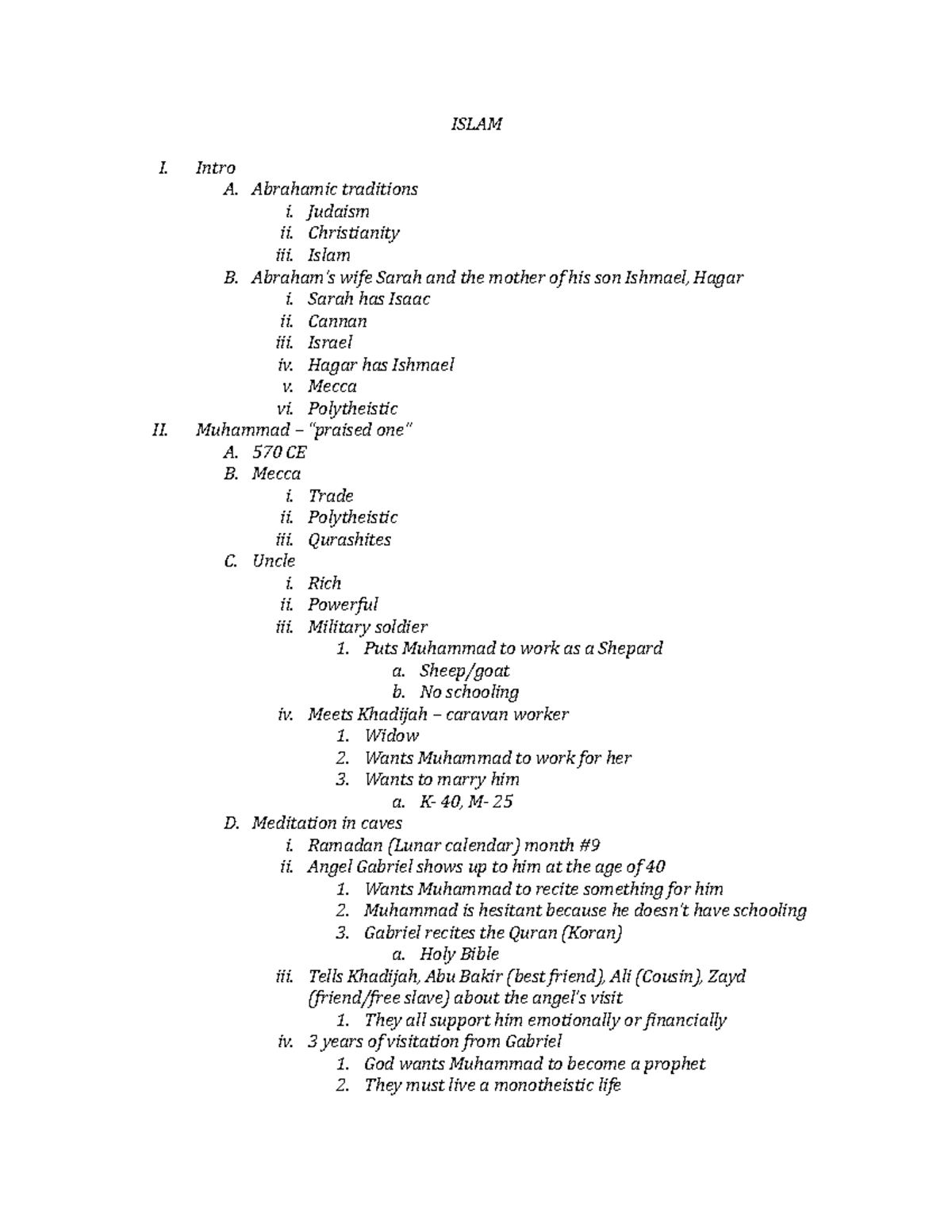 Islam - notes for test - ISLAM I. Intro A. Abrahamic traditions i ...