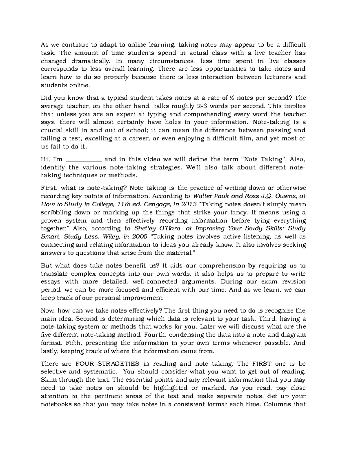 NOTE Taking Scripts - As we continue to adapt to online learning ...