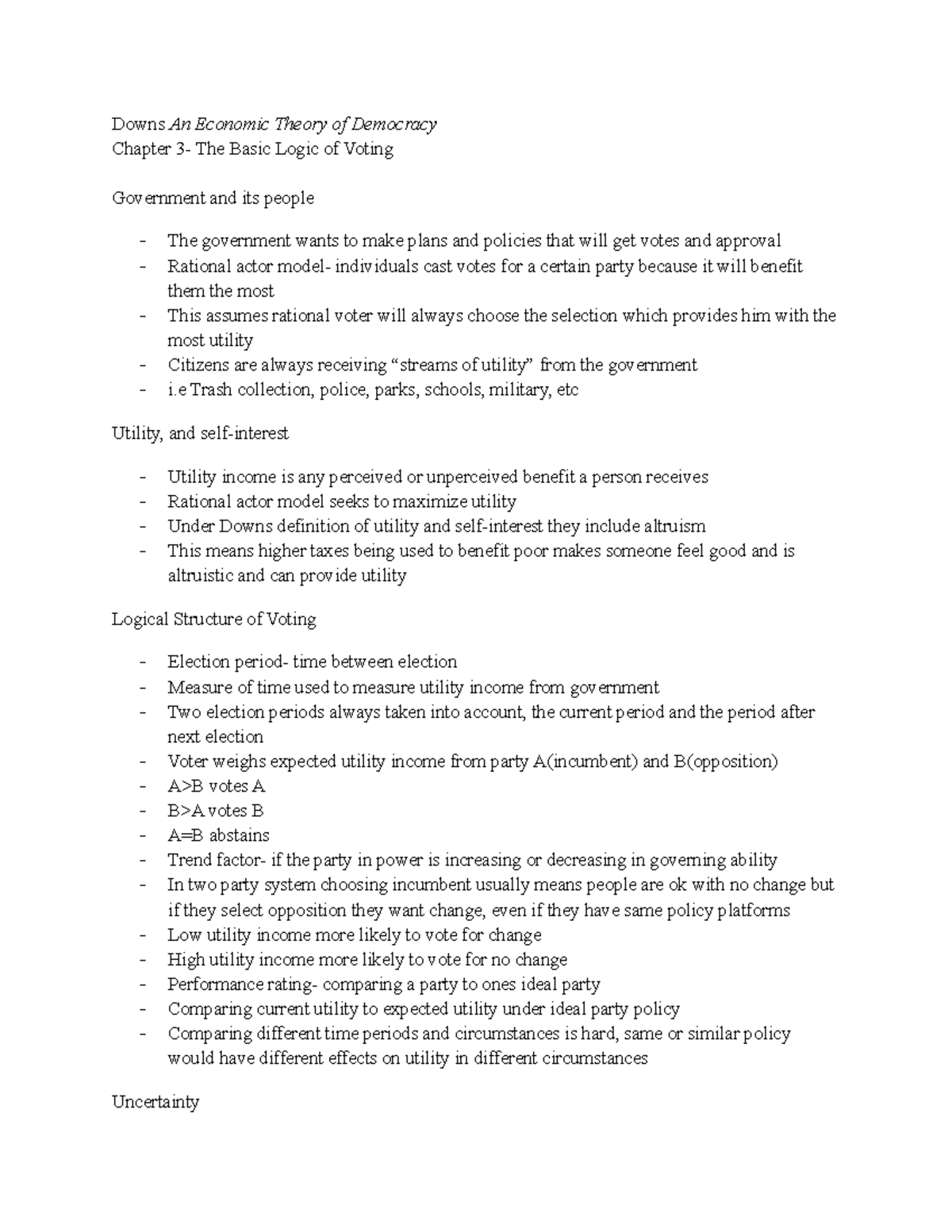 Downs An Economic Theory of Democracy - 2) ones conception of a “good ...