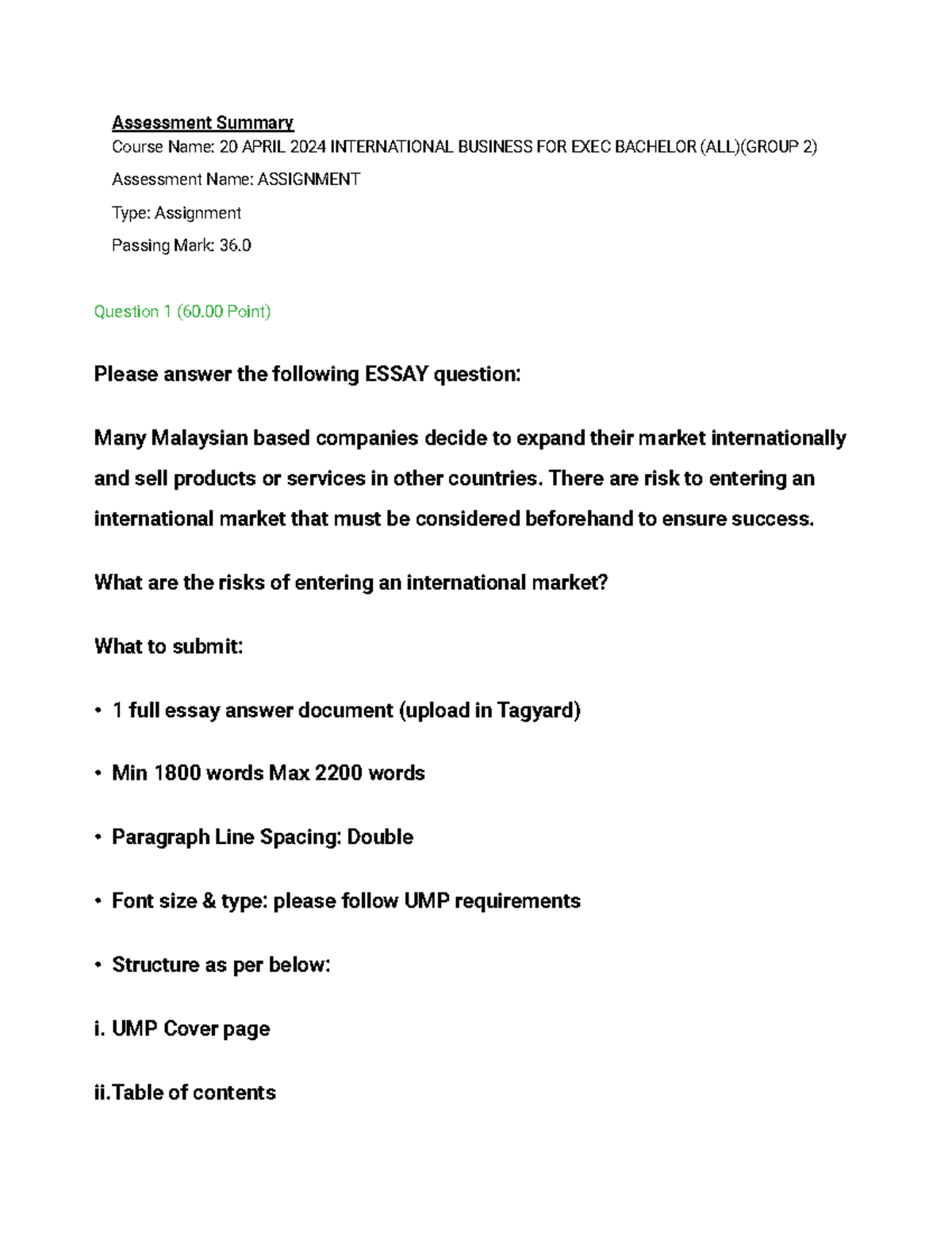 UMP IB - Assignment - Assessment Summary Course Name: 20 APRIL 2024 ...