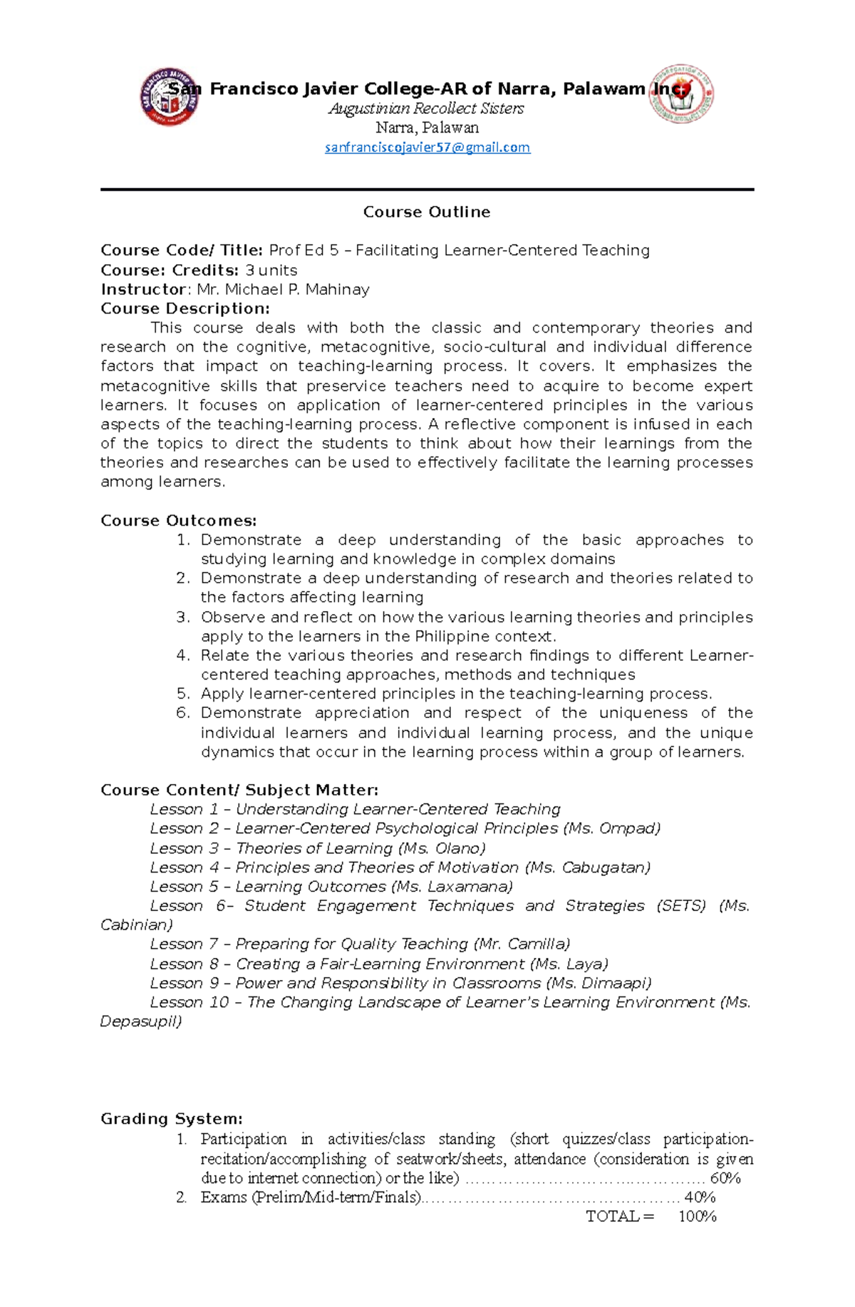 Course Outline - Lecture notes for technology for teaching and learning ...