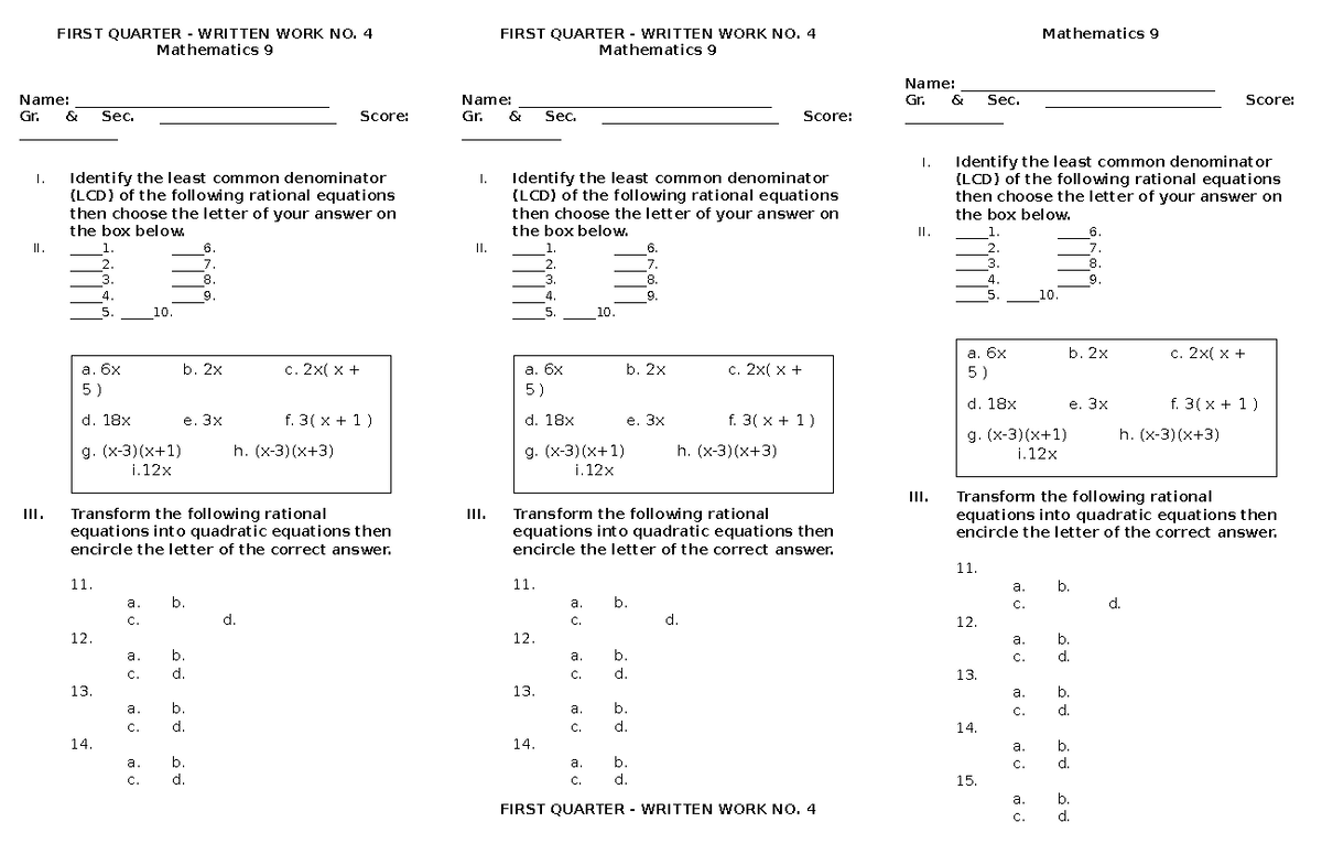 1 - written work in msthematics - FIRST QUARTER - WRITTEN WORK NO. 4 ...