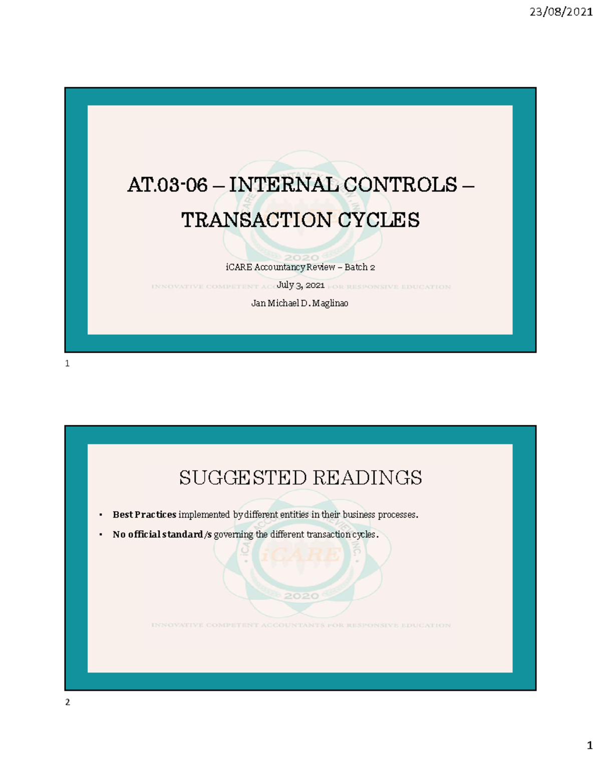 AT - Transaction-Cycles-Presentation - AT. 03 - 06 – INTERNAL CONTROLS ...