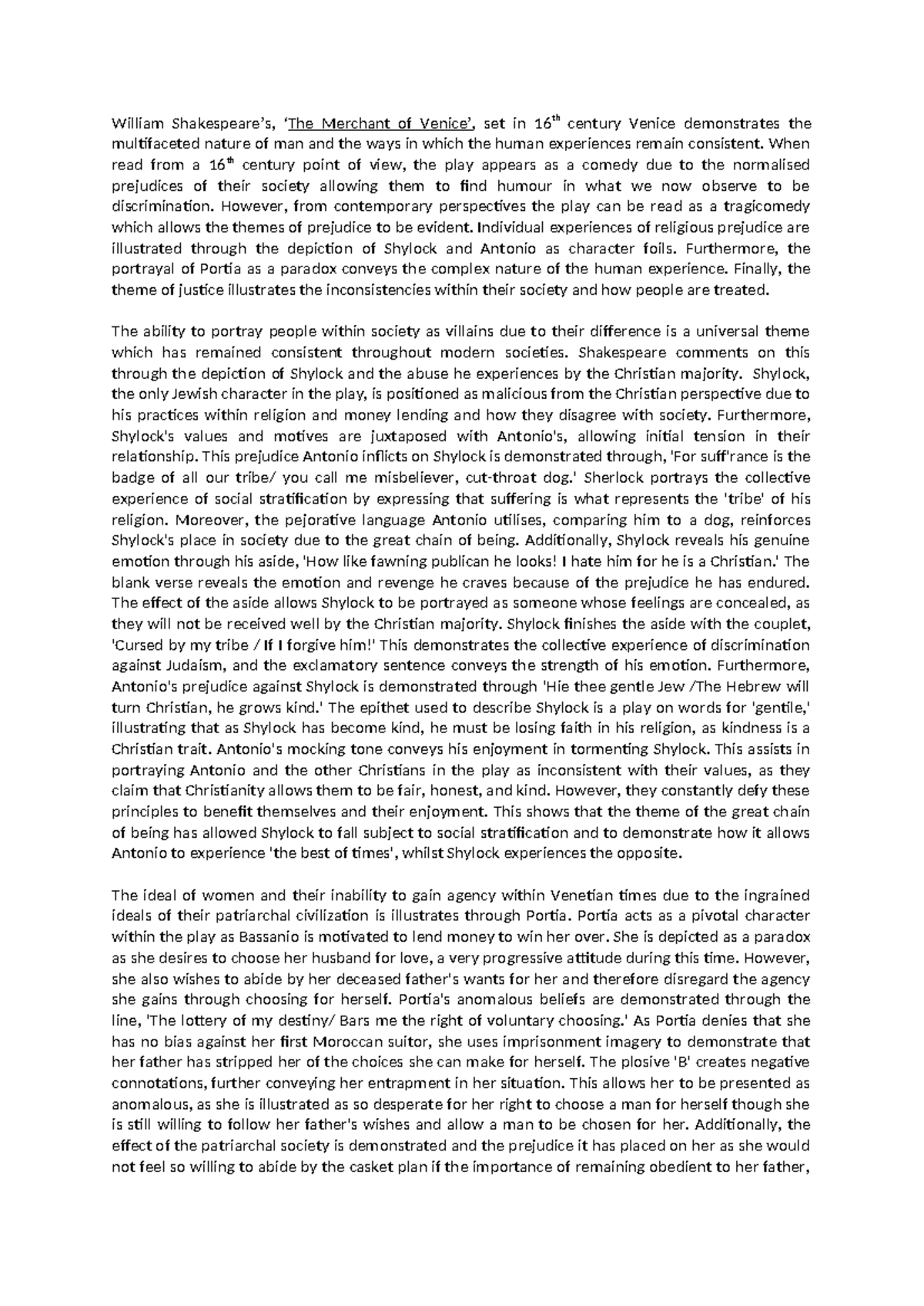 Merchant of Venice Essay - William Shakespeare’s, ‘The Merchant of ...
