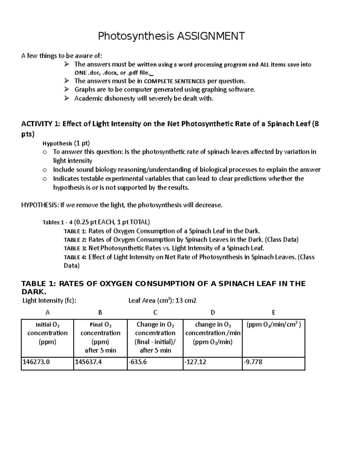 Photosynthesis assignment copy - Photosynthesis ASSIGNMENT A few things ...