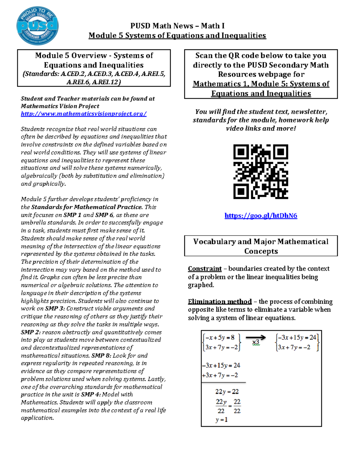 M1 Module 5 Newsletter Systems - Module 5 Systems of Equations and ...