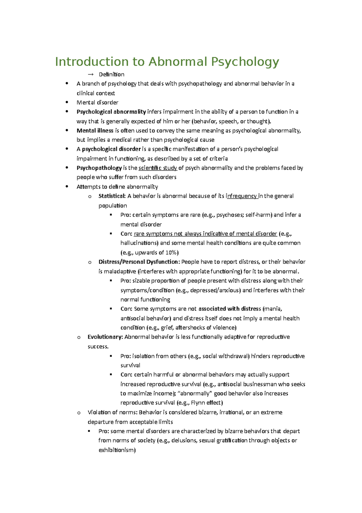 Chater 1-Introduction to Abnormal Psychology summary - Introduction to ...