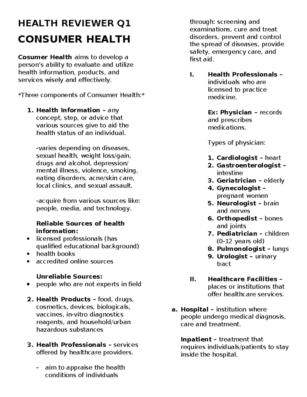 mapeh document - HEALTH REVIEWER Q CONSUMER HEALTH Cosumer Health aims ...