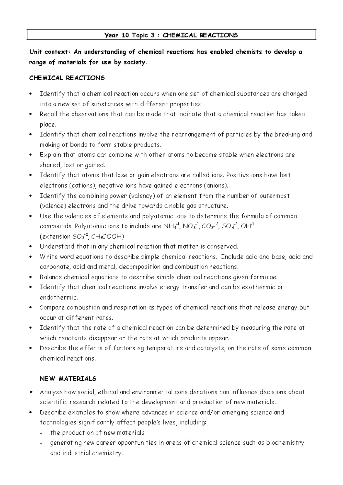 Topic 3 Chemical Reactions - Year 10 Topic 3 : CHEMICAL REACTIONS Unit ...