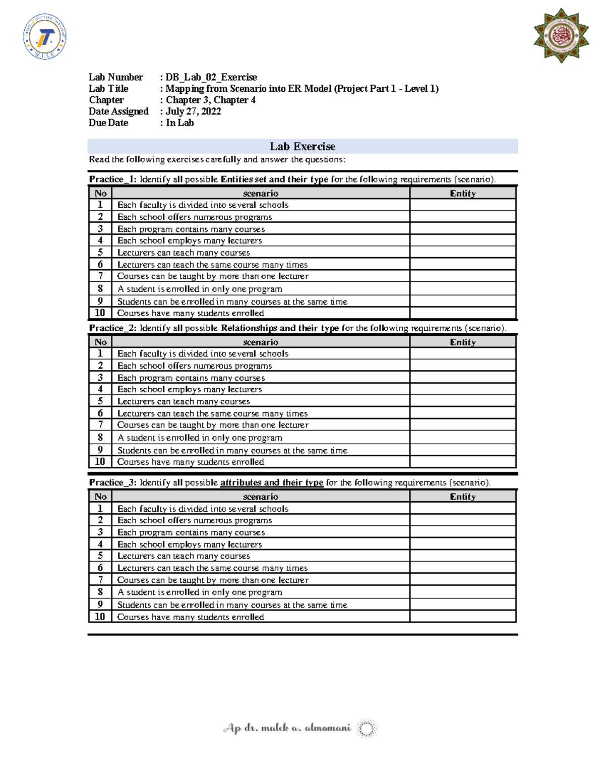 Lab 02 Exercise - Lab Number : DB_Lab_ 02 _Exercise Lab Title : Mapping from Scenario into ER ...