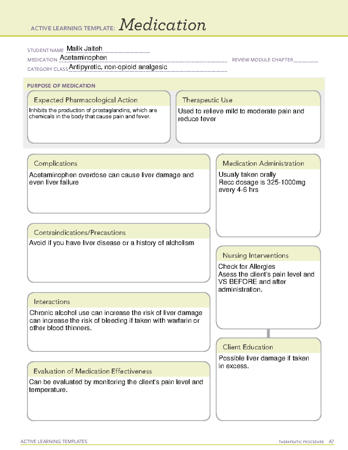 Acetaminophen - ACTIVE LEARNING TEMPLATES TherapeuTic procedure A ...