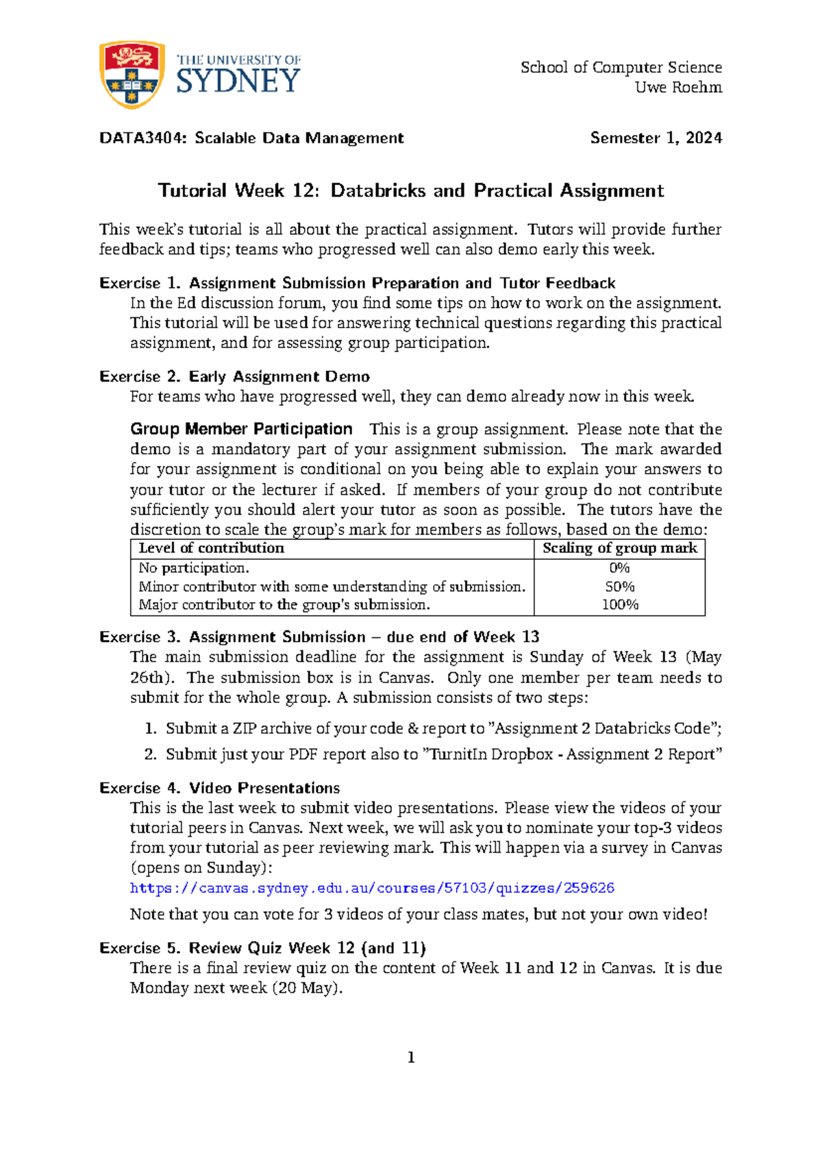 Tutorial Week12 Assignment Demo Handout School Of Computer Science Uwe Roehm Data3404