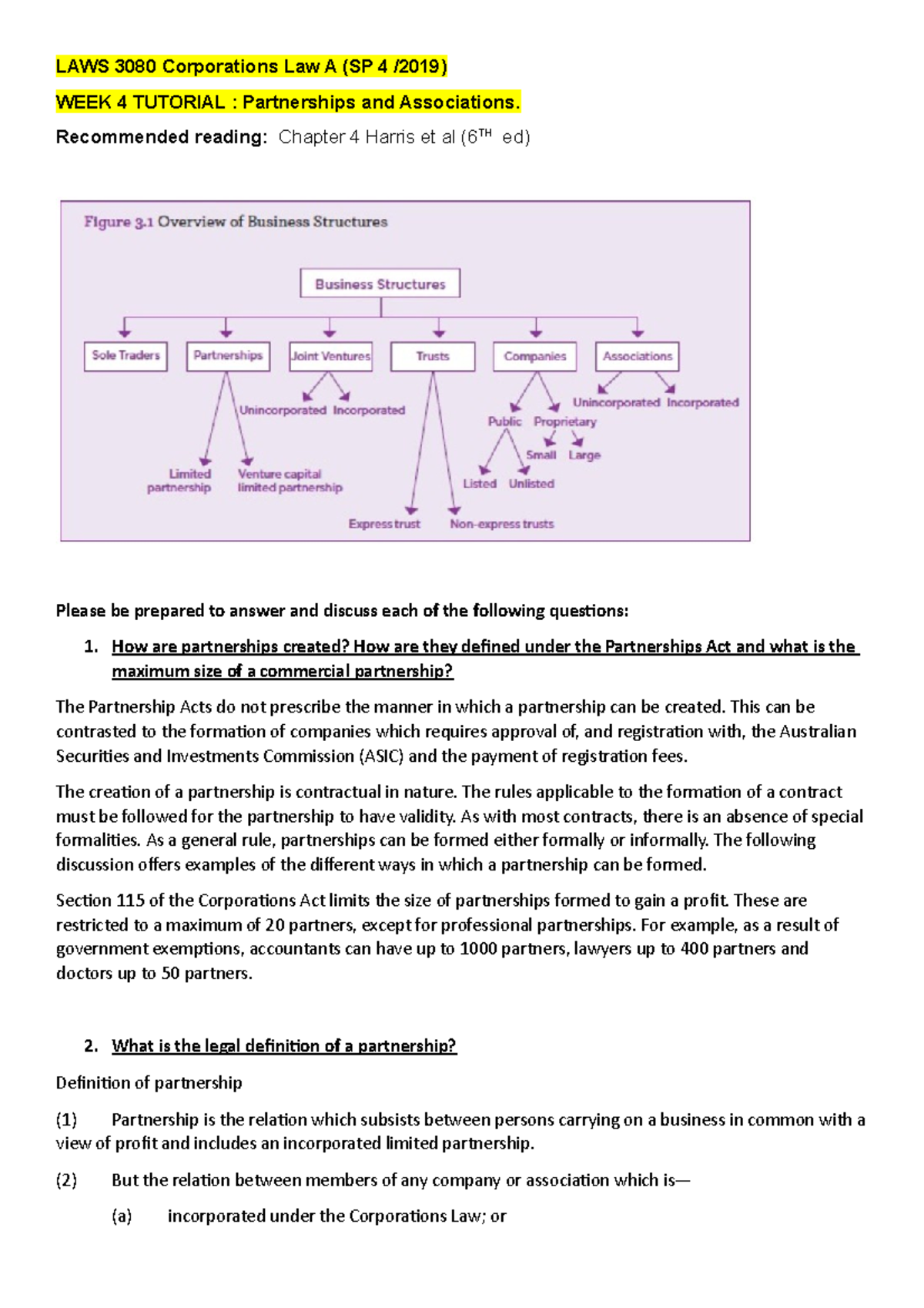 WEEK 4 - Tutorial questions ; Corps Law A SP2 - 2019 - LAWS 3080 ...