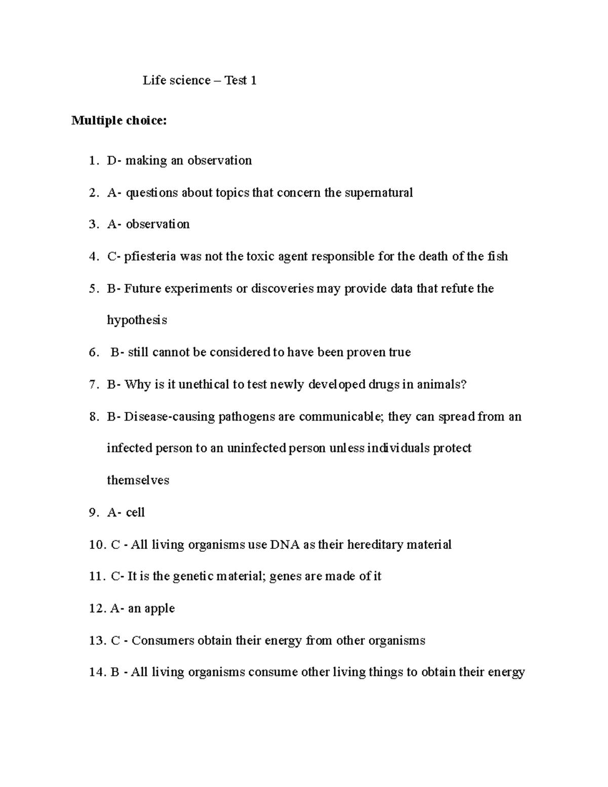 Anhbui test1 life science - Life science – Test 1 Multiple choice: D ...