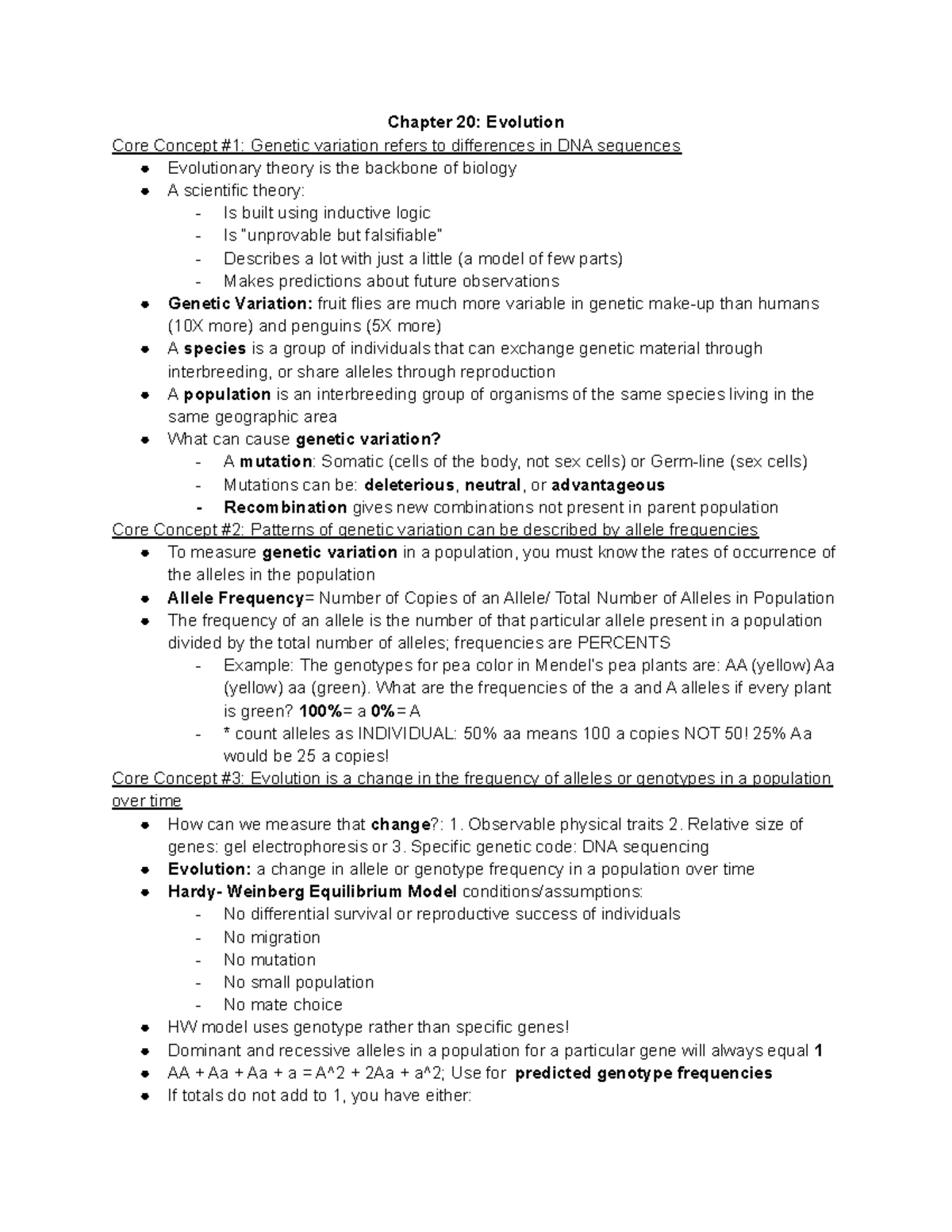 Biology 1108 Chapter 20 Notes - Chapter 20: Evolution Core Concept #1 ...